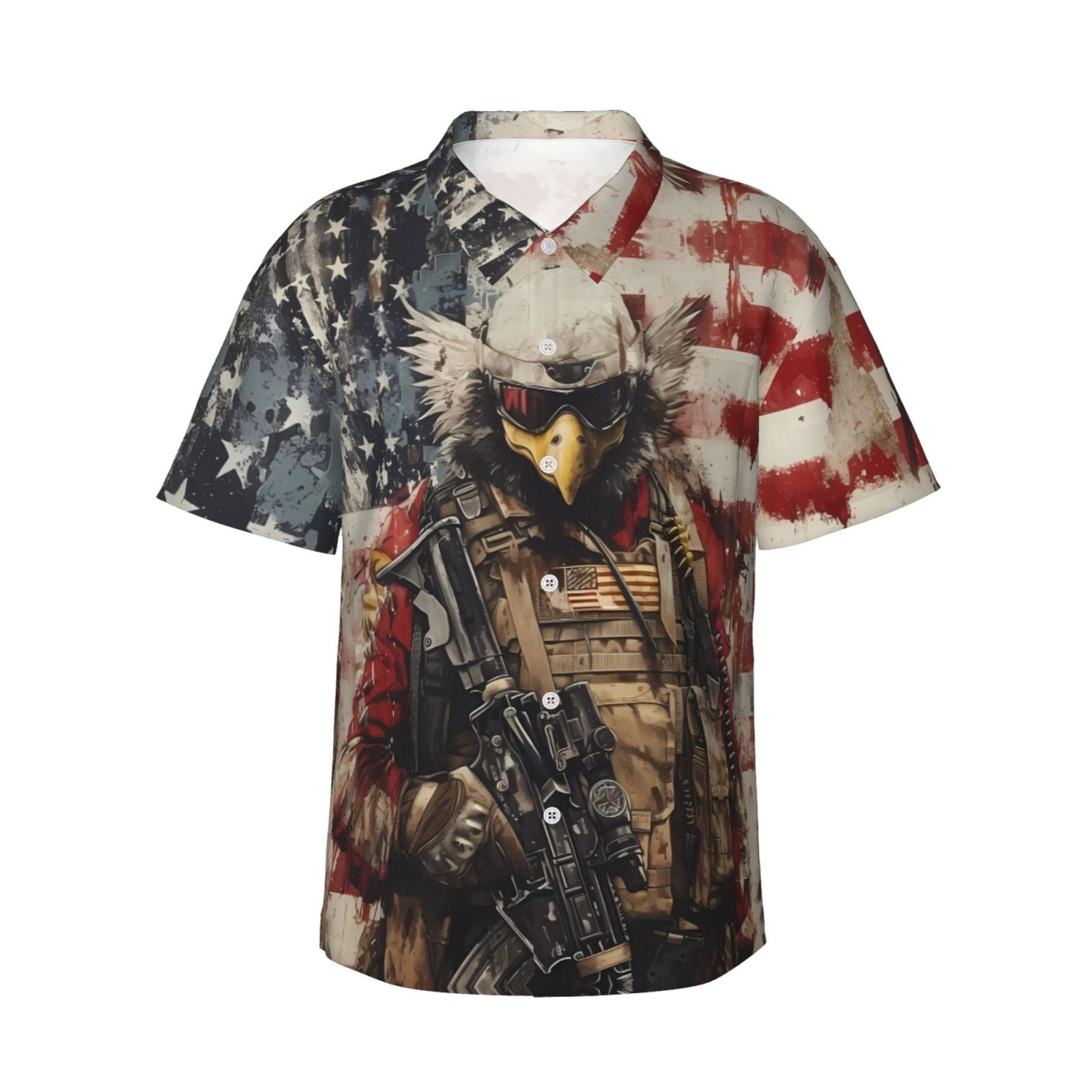 Beach Hawaiian Shirt for Men with Pocket Bald Eagle Soldier Short ...