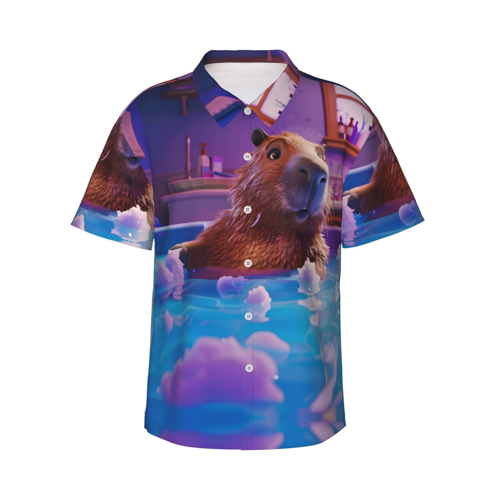 Beach Hawaiian Shirt for Men with Pocket Capybara Bathtub Fun Short ...