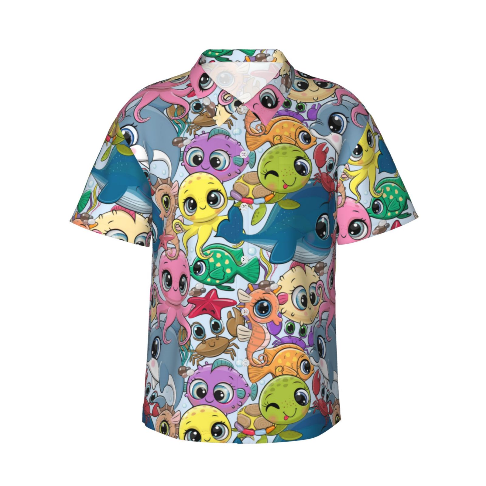 Beach Hawaiian Shirt for Men with Pocket Cartoon Marine Animals Short ...