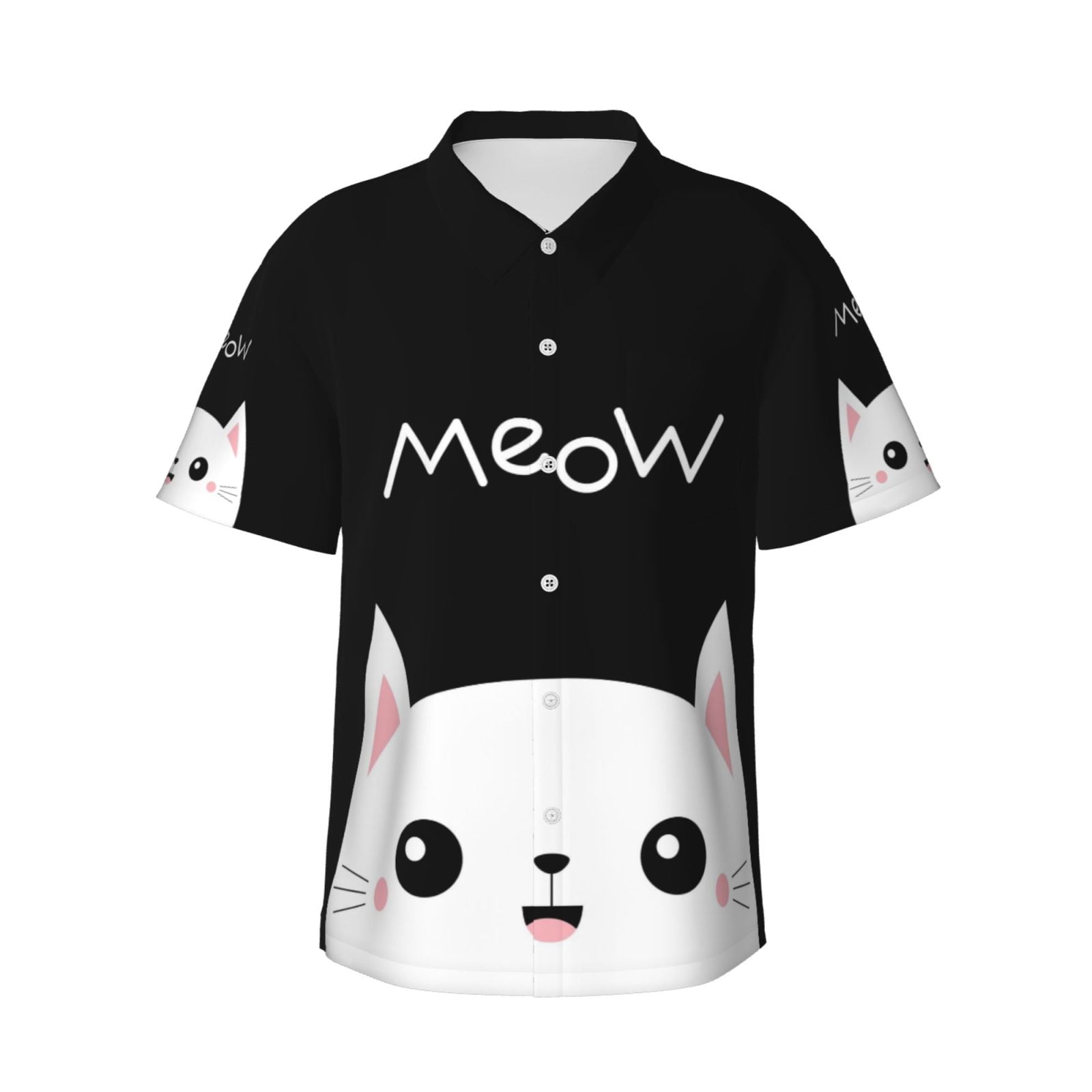 Beach Hawaiian Shirt for Men with Pocket Cat Meow Short Sleeve Button ...