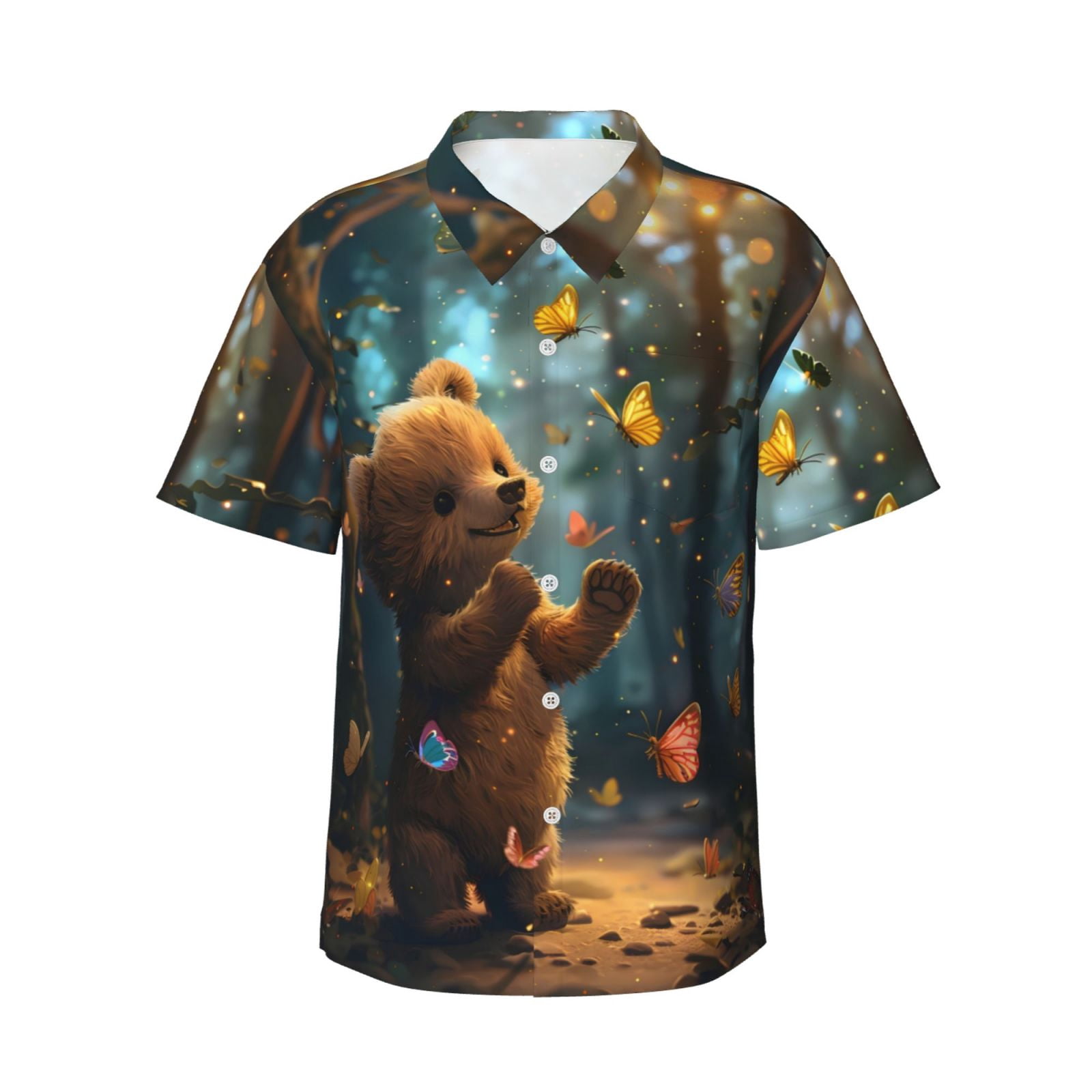 Beach Hawaiian Shirt for Men with Pocket Cute Butterfly Bear Short ...
