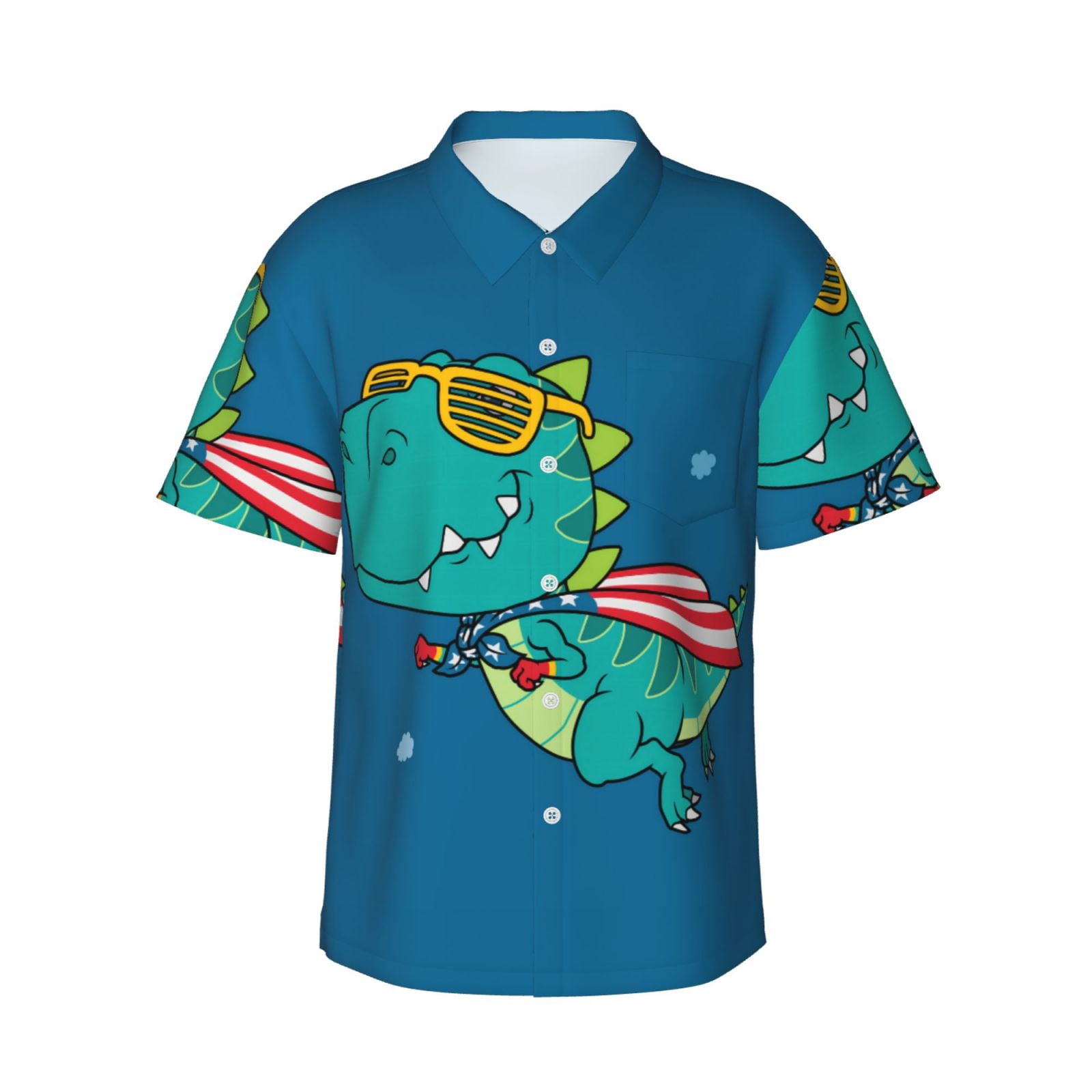 Beach Hawaiian Shirt for Men with Pocket Flying Superhero Dinosaur Short Sleeve Button Down ...