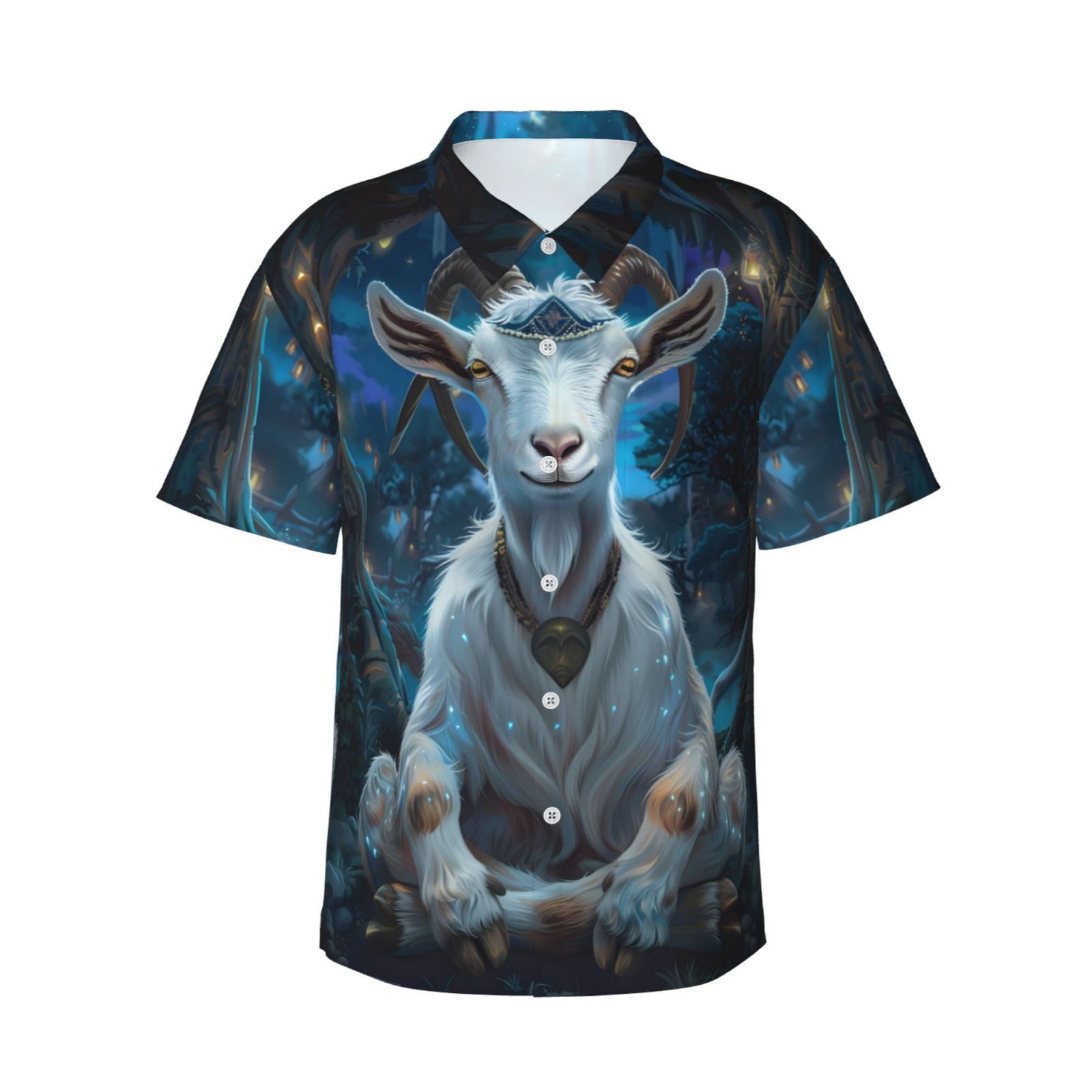 Beach Hawaiian Shirt for Men with Pocket Forest Meditating Goat Short ...