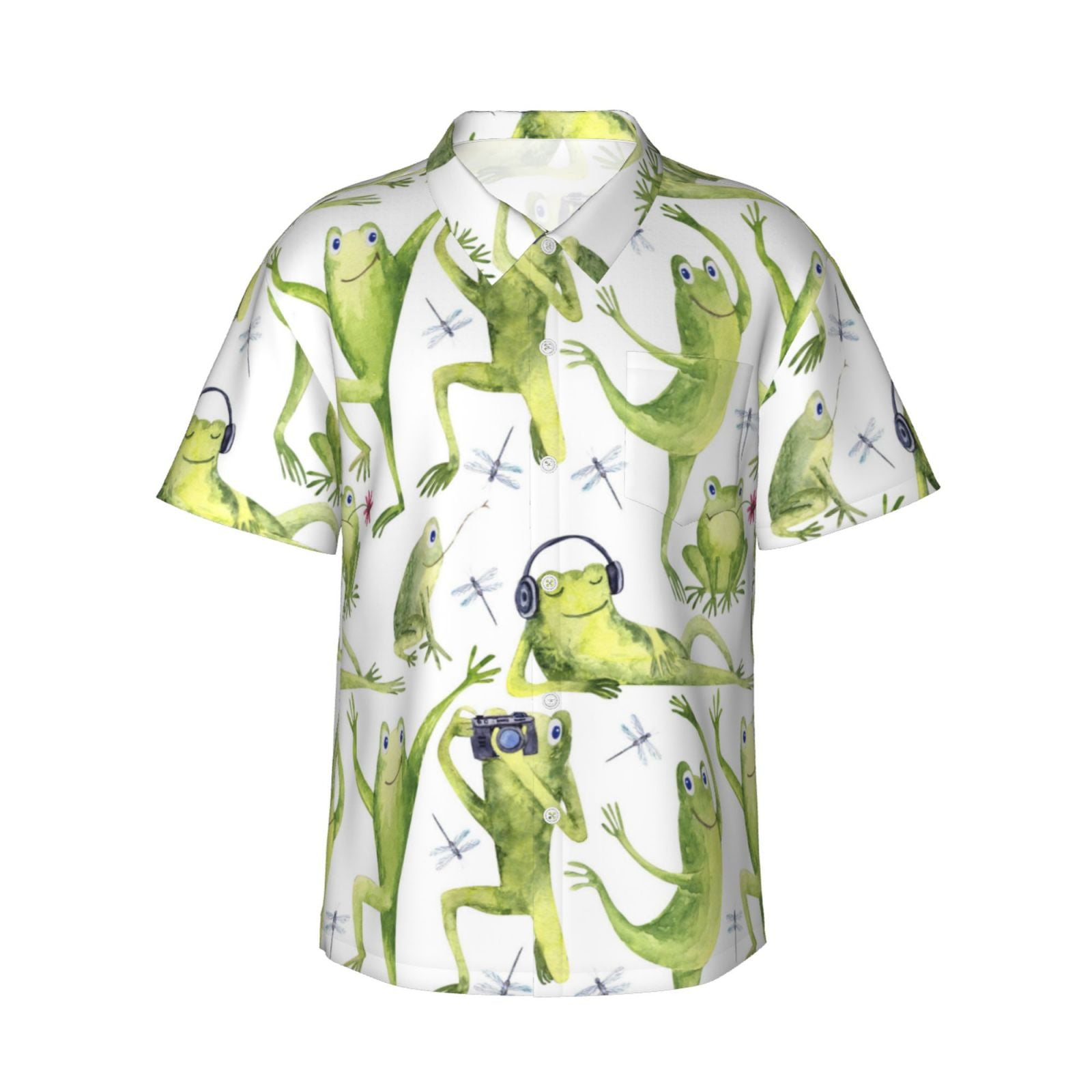 Beach Hawaiian Shirt for Men with Pocket Funny Frogs dancing camera cute Short Sleeve Button ...