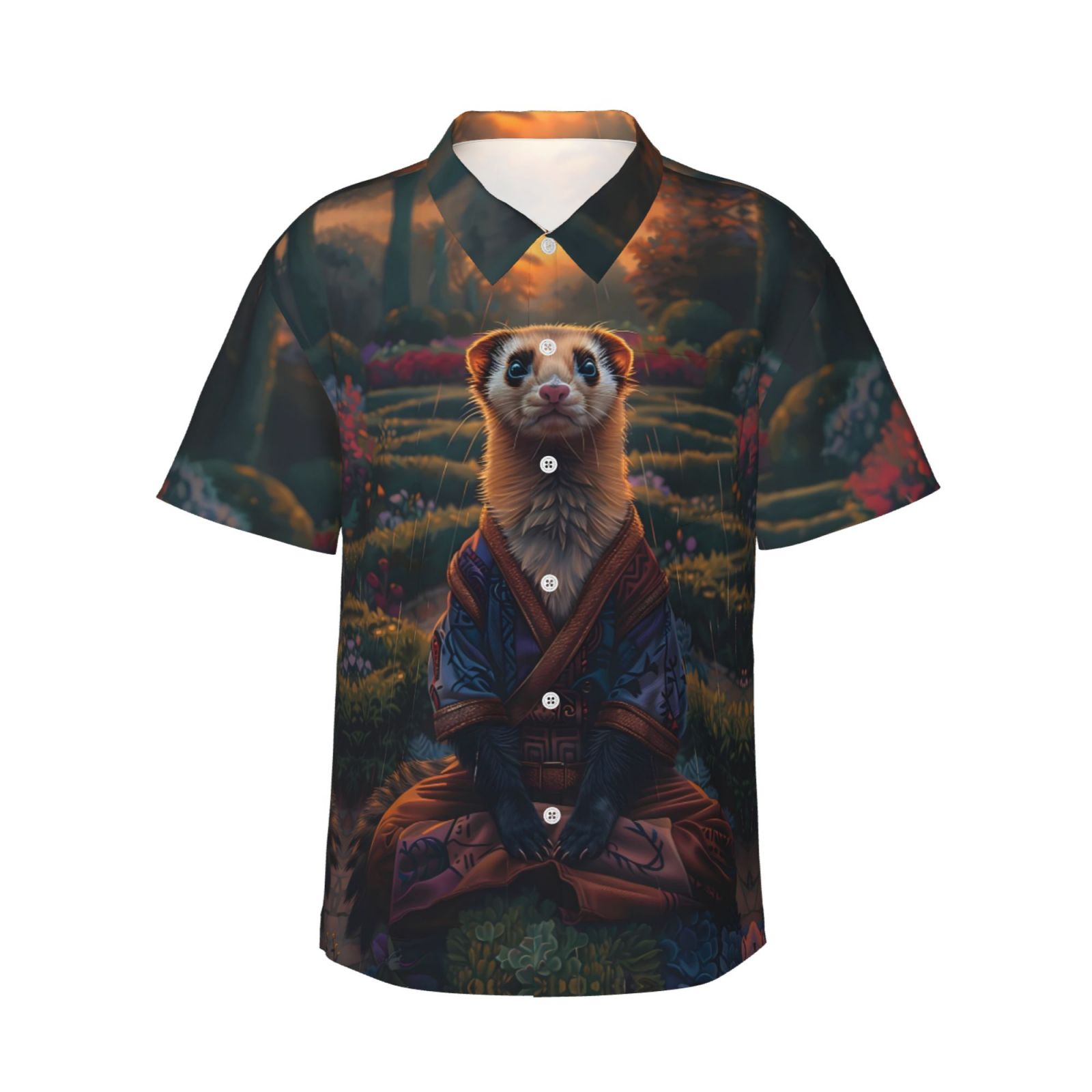 Beach Hawaiian Shirt for Men with Pocket Garden Meditating Weasel Short ...
