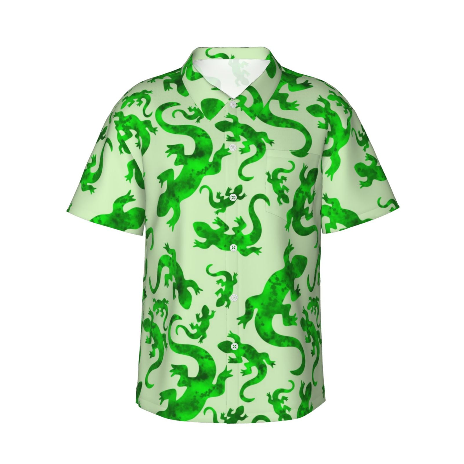 Beach Hawaiian Shirt for Men with Pocket Green Lizard Short Sleeve ...