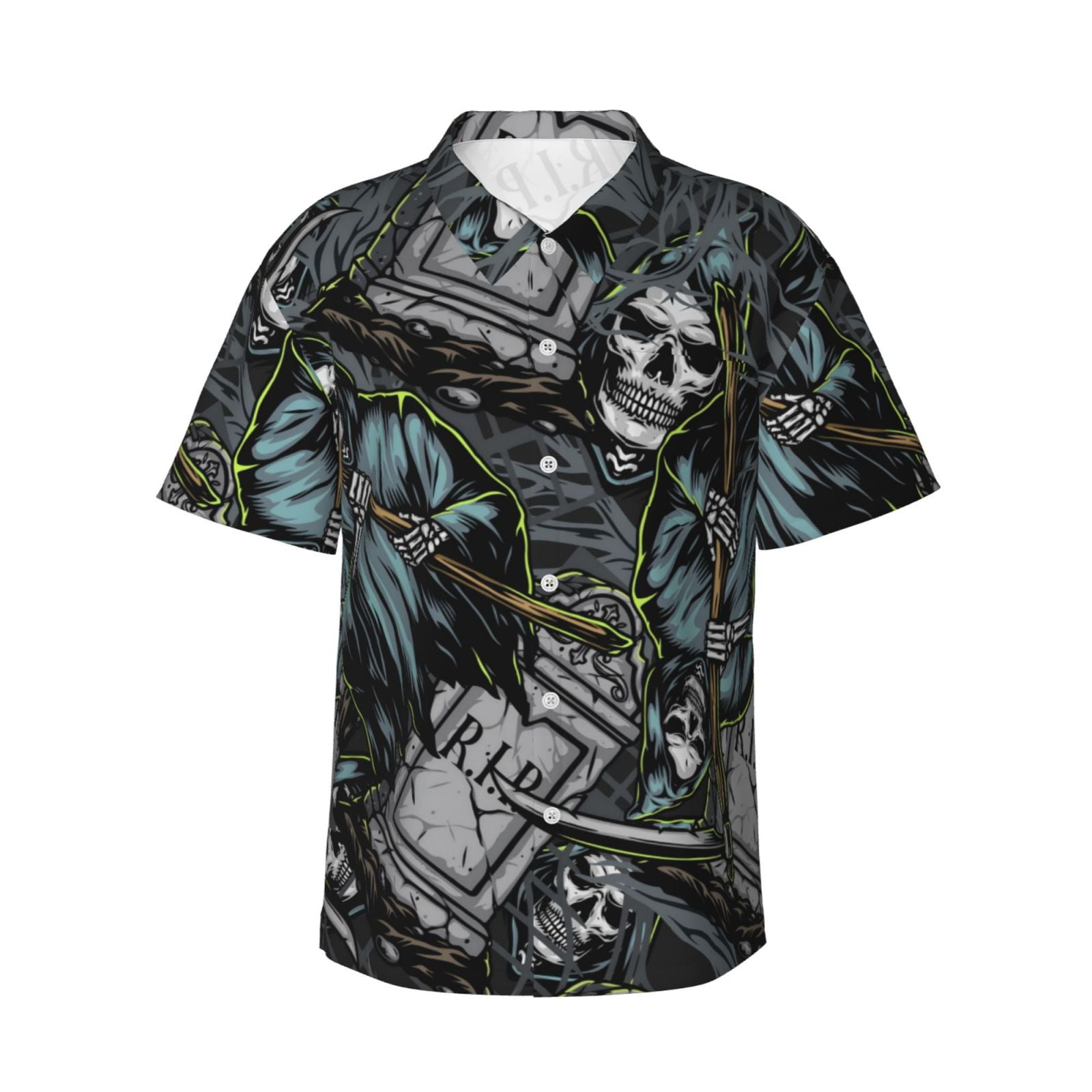 Beach Hawaiian Shirt for Men with Pocket Grim Reaper Tombstones Pattern ...