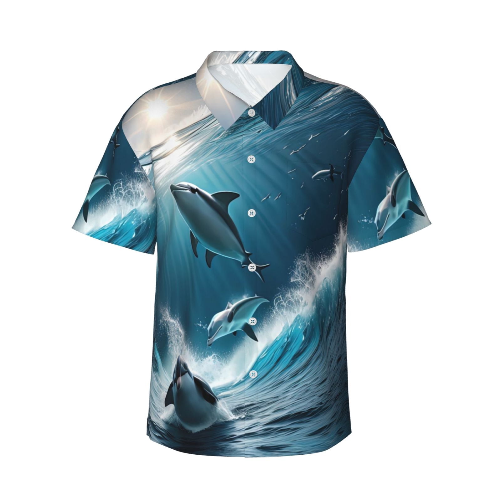 Beach Hawaiian Shirt for Men with Pocket Ice Blue Ocean Cute Dolphin A ...
