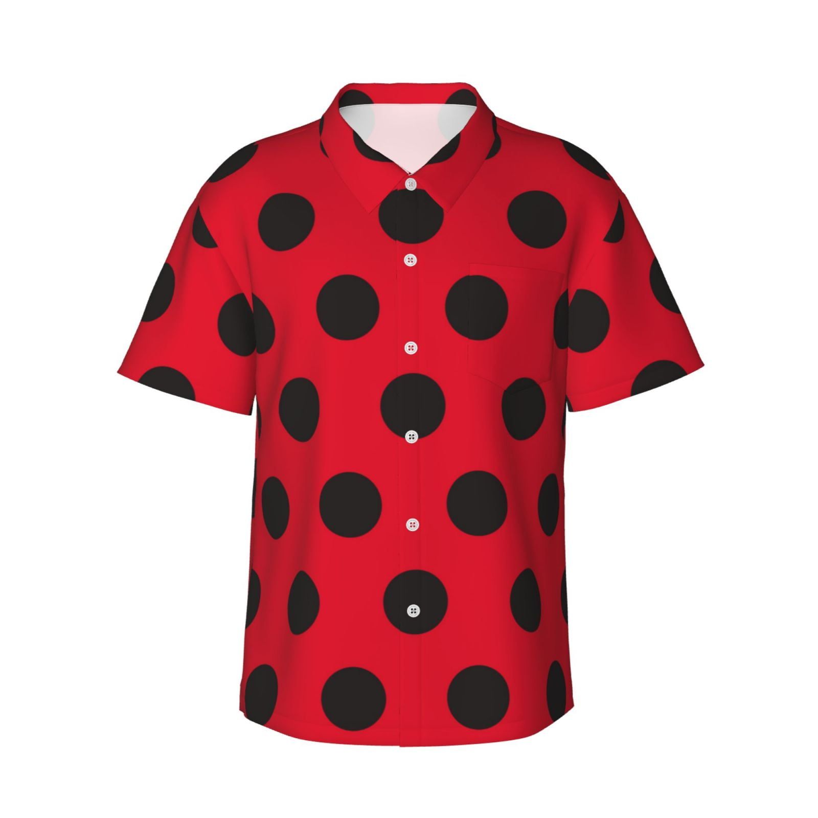 Beach Hawaiian Shirt for Men with Pocket Ladybug black dotted spots red ...