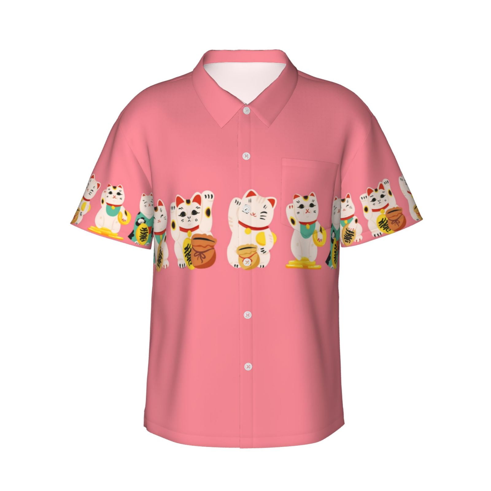 Beach Hawaiian Shirt for Men with Pocket Lucky Cat ,Cute Cat Short ...