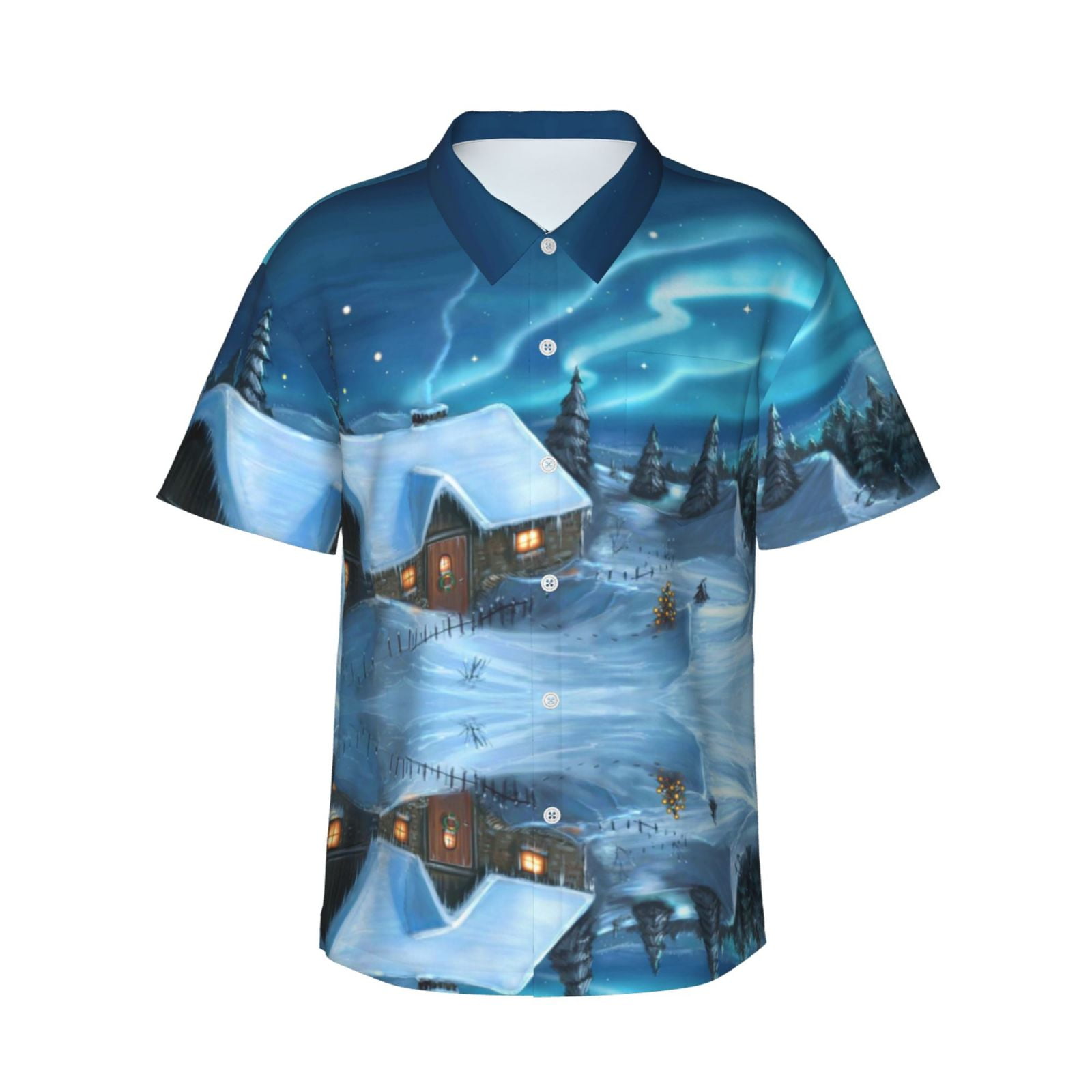 Beach Hawaiian Shirt for Men with Pocket Mountain Cottage In Snow And ...