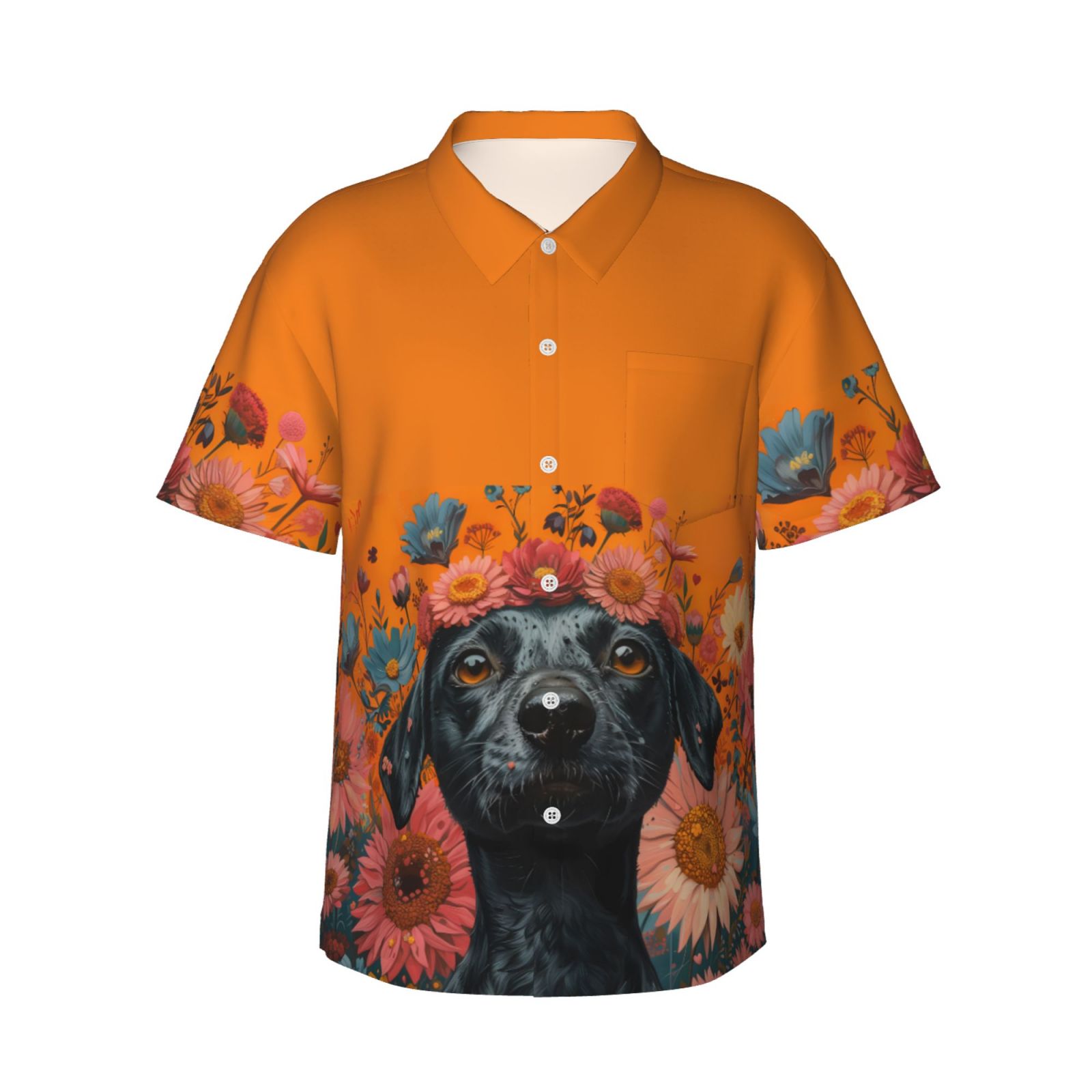 Beach Hawaiian Shirt for Men with Pocket Pink Sunflower Black Dog Short ...