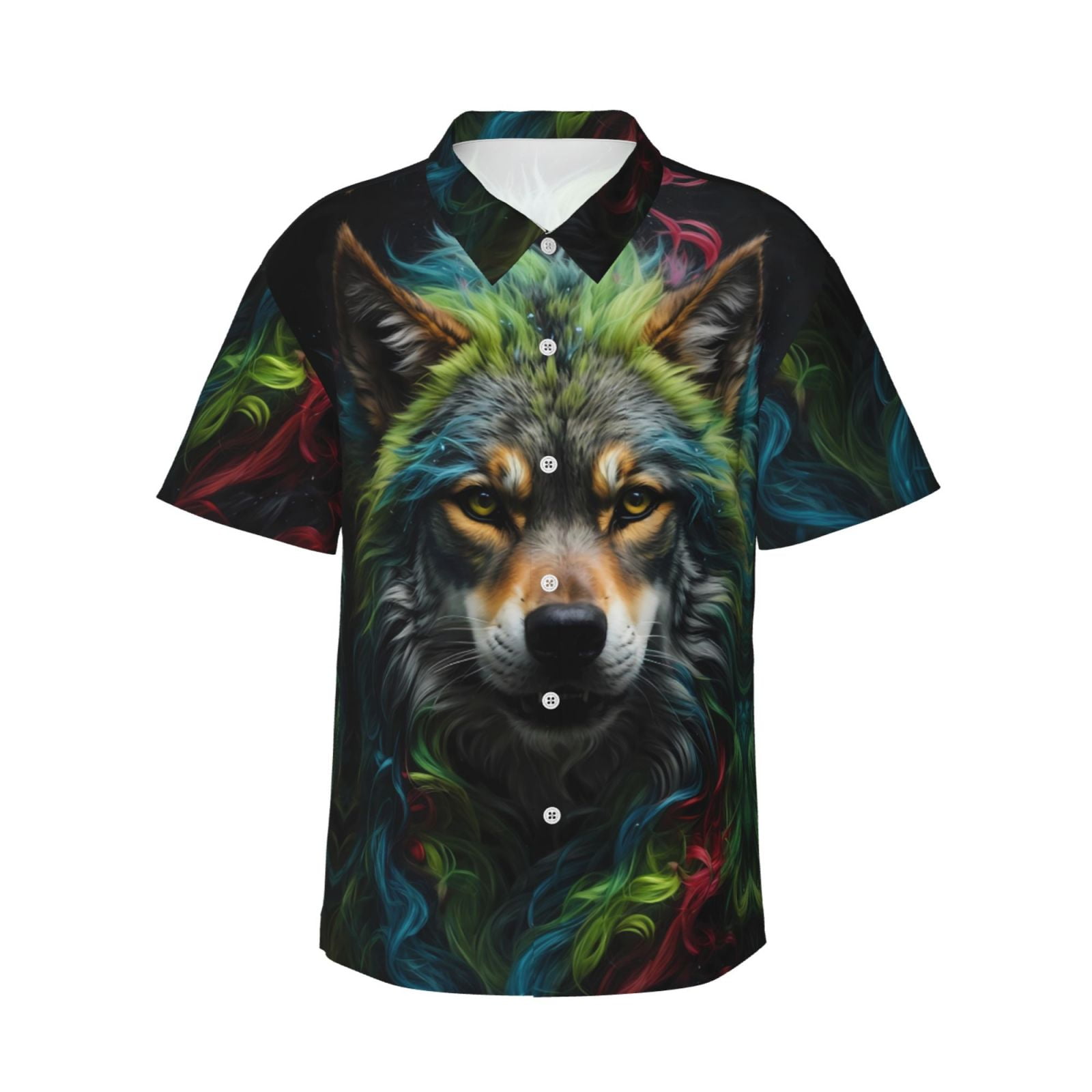 Beach Hawaiian Shirt for Men with Pocket Realistic Style Colorful Wolf ...
