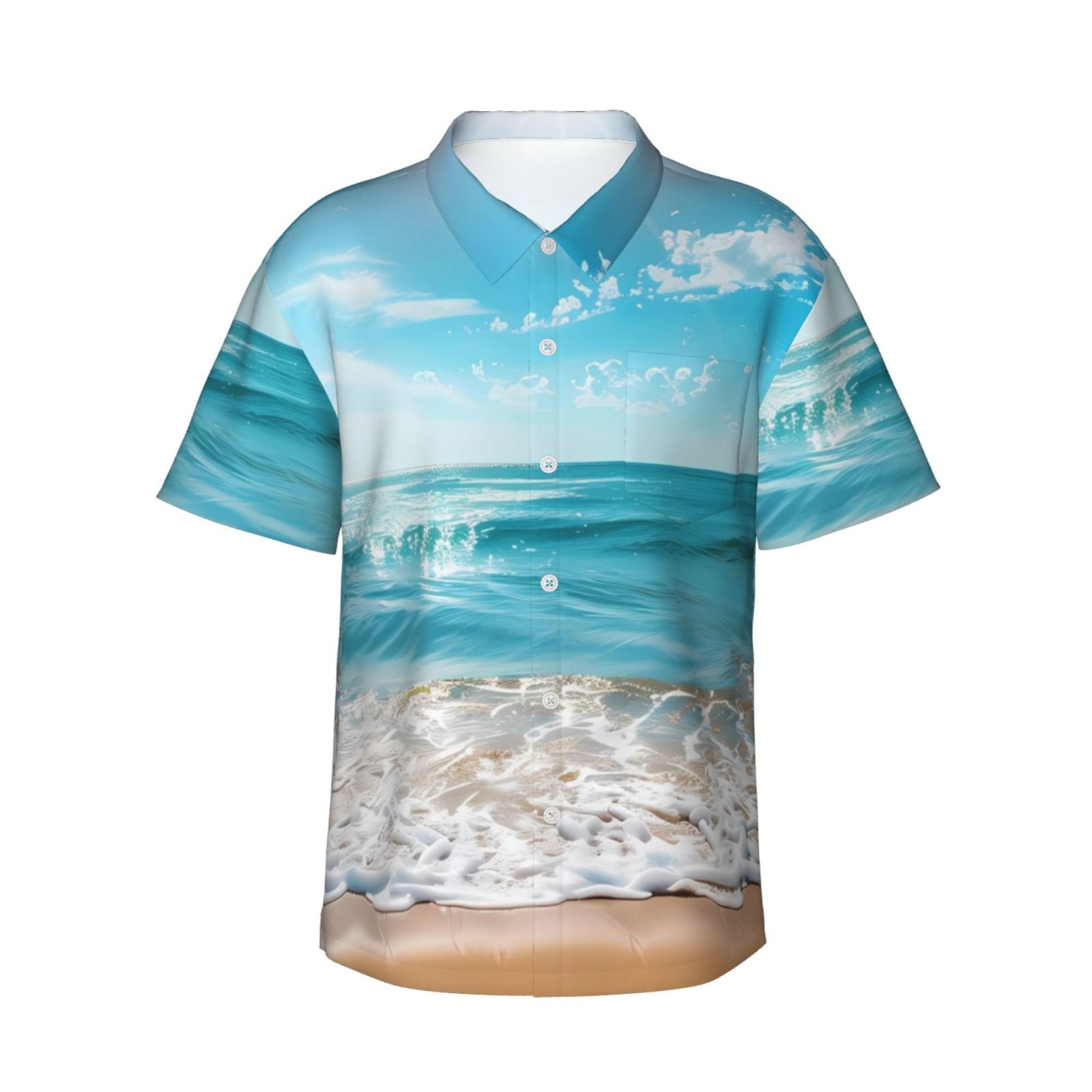 Beach Hawaiian Shirt for Men with Pocket Sunny Ocean Waves Short Sleeve ...