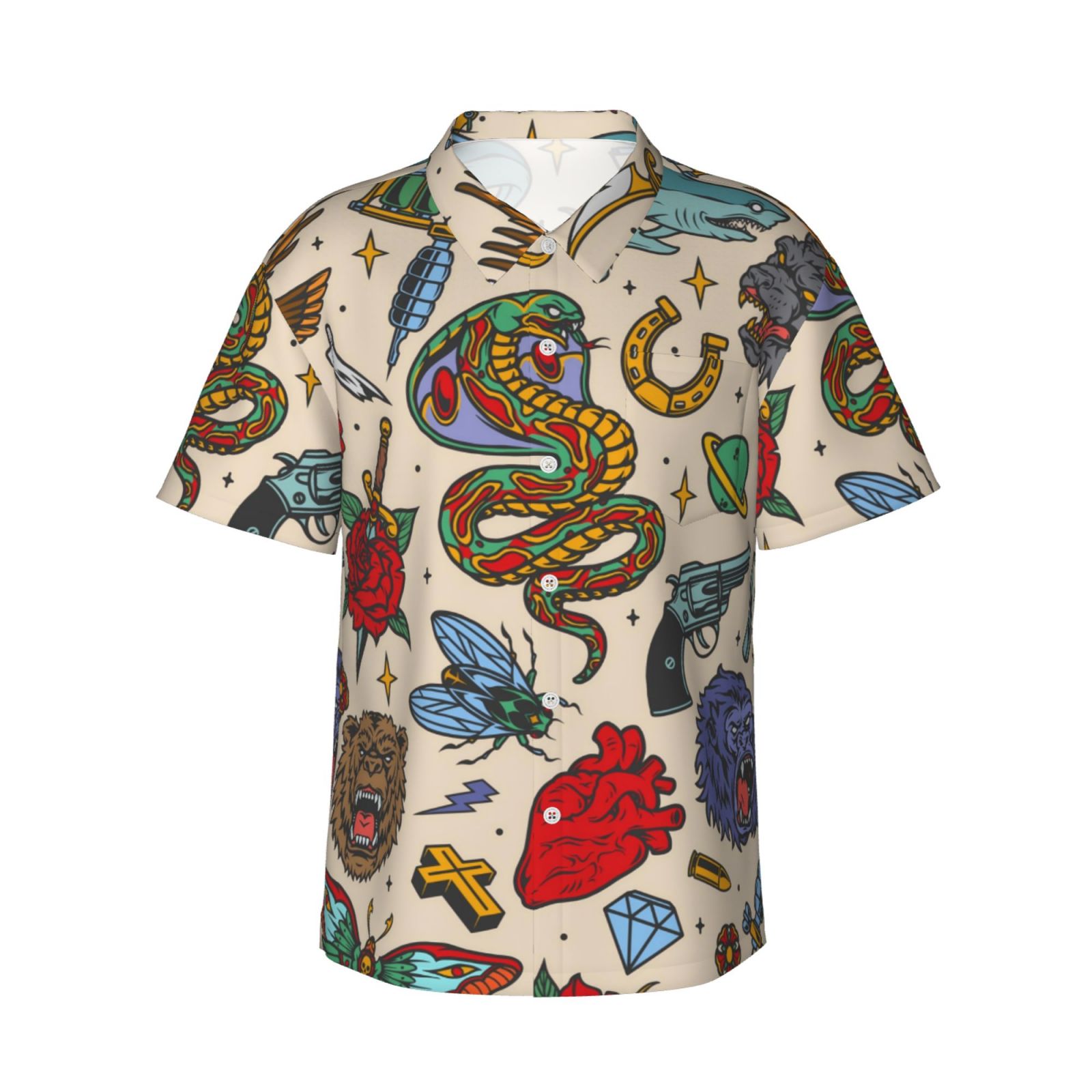 Beach Hawaiian Shirt for Men with Pocket Vintage Tattoo Elements ...