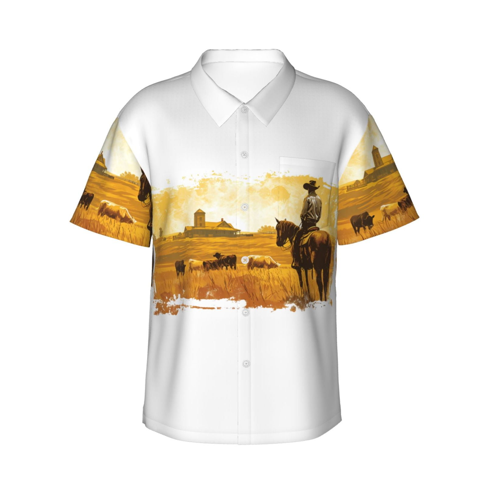 Beach Hawaiian Shirt for Men with Pocket Western Cowboy Ranch Short ...