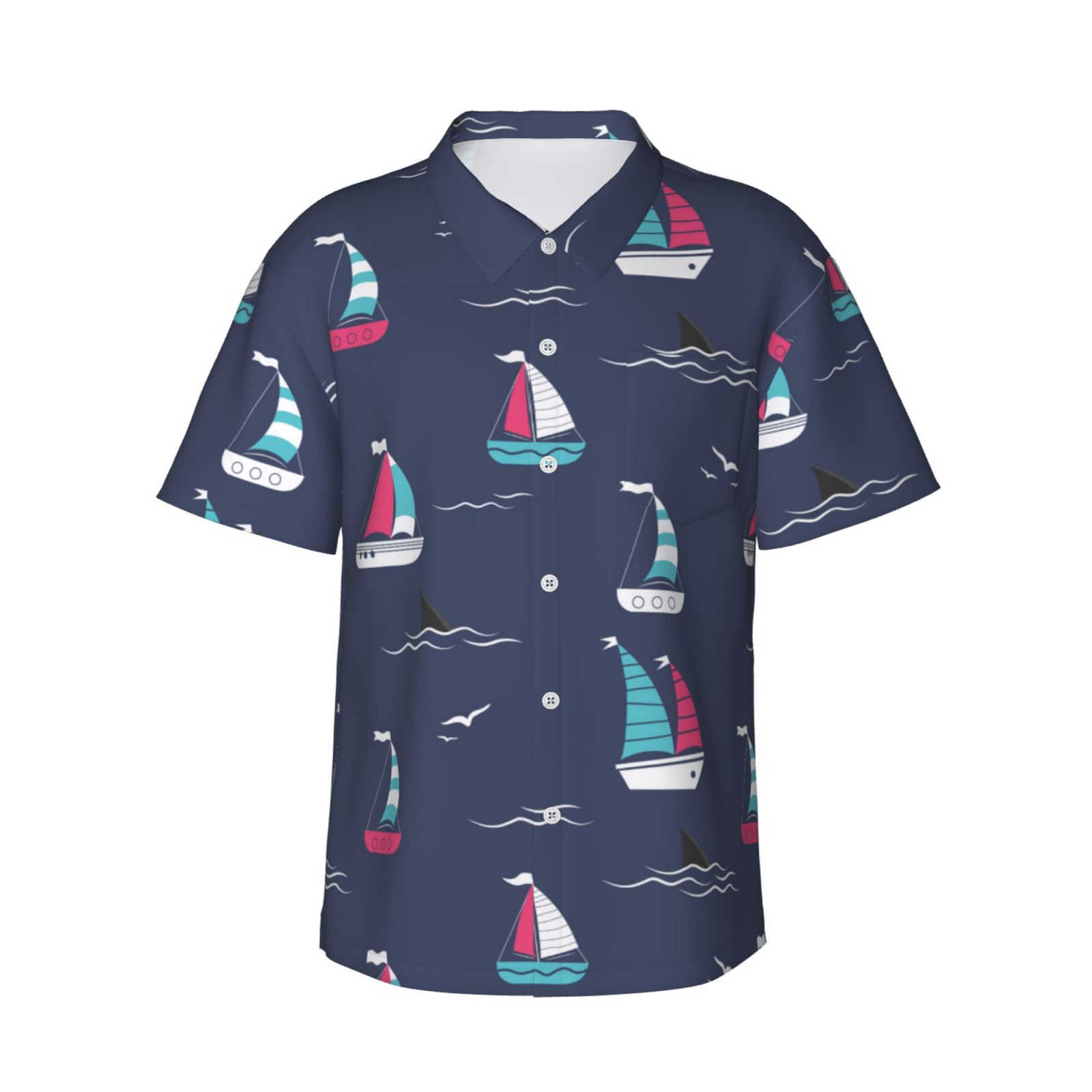 Beach Hawaiian Shirt for Men with Pocket cartoon boat shark fins blue ...