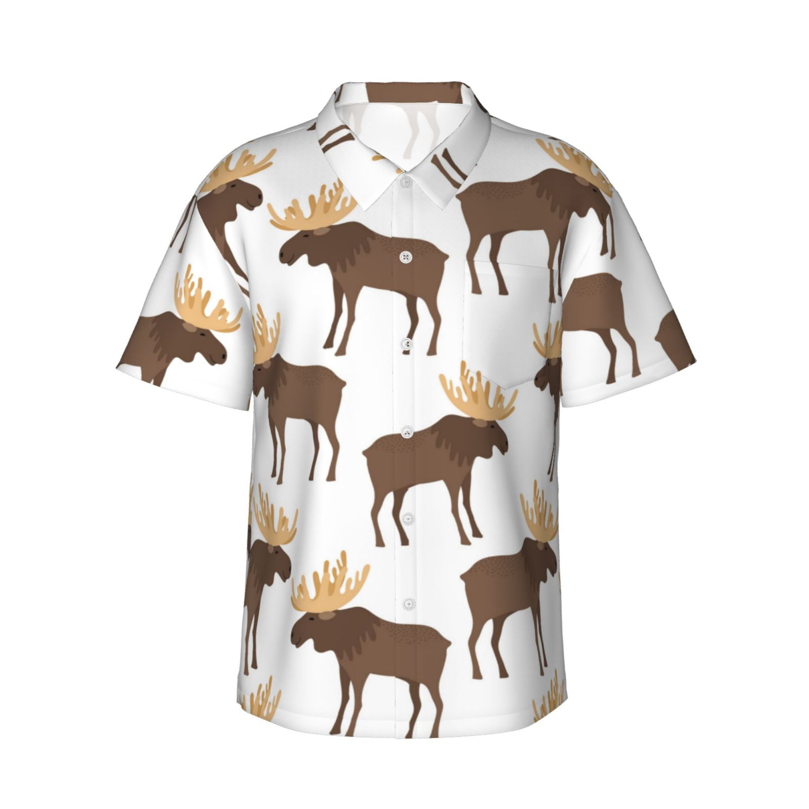 Beach Hawaiian Shirt for Men with Pocket cute moose horns elk cartoon Short Sleeve Button Down ...