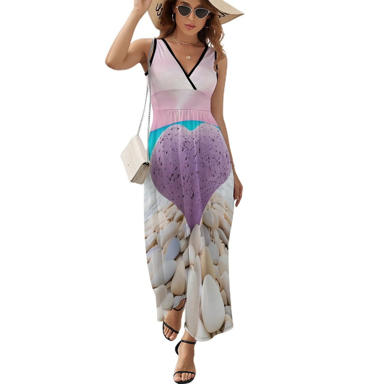 Beach Heart Decor Womens Night Club Maxi Dress V Neck Sleeveless ...