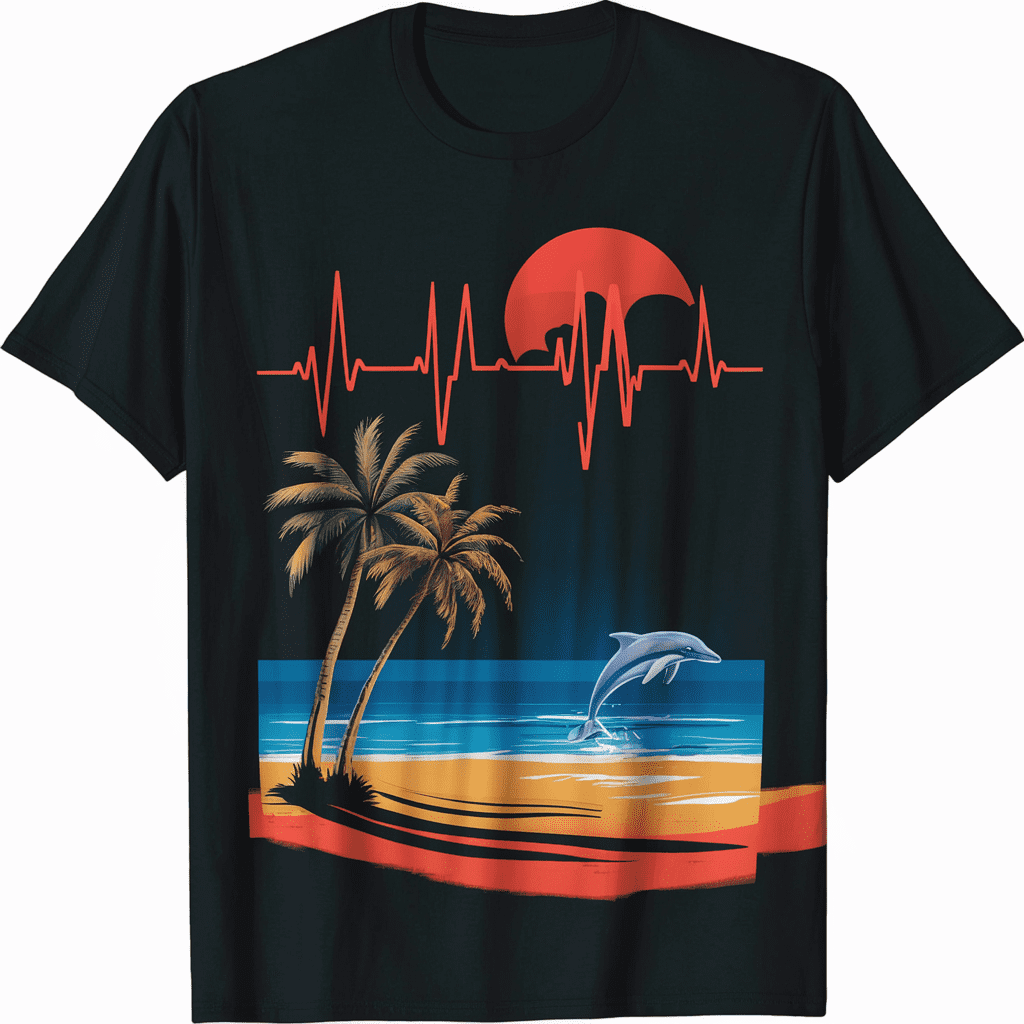 Beach Heartbeat Palm Trees Dolphin Sunset Serenity T-Shirt - Walmart.com