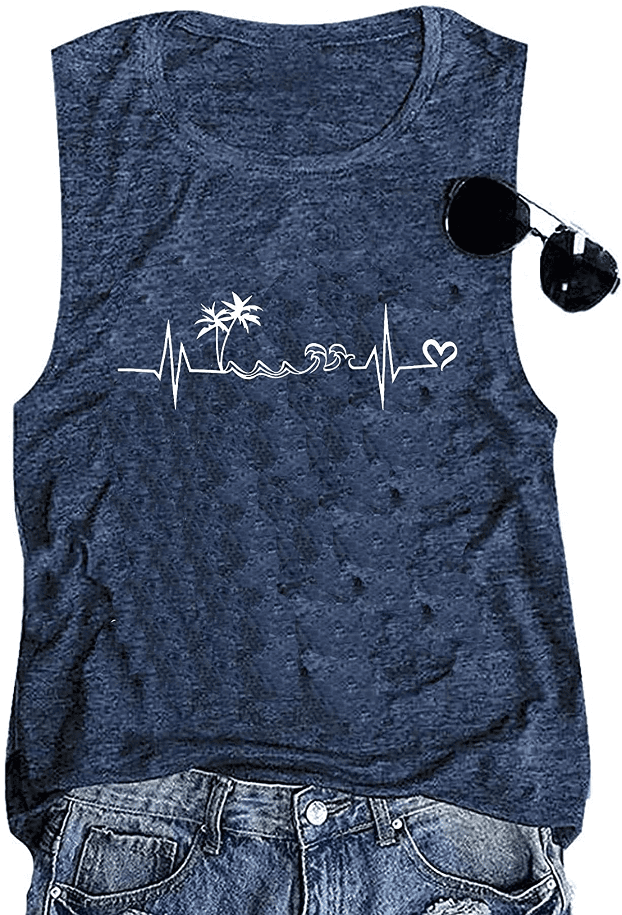 Beach Heartbeat Tank Tops Women Cute Graphic Print Sleeveless Tee ...