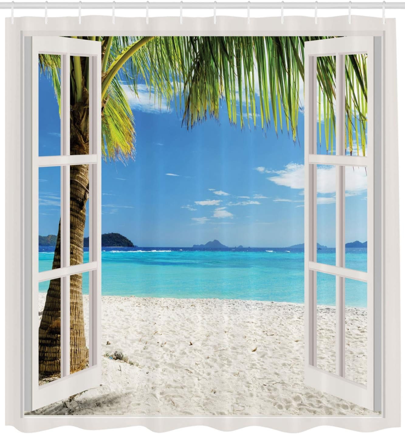 Beach Home Tropical Palms on Island Ocean Through White Wooden Windows ...