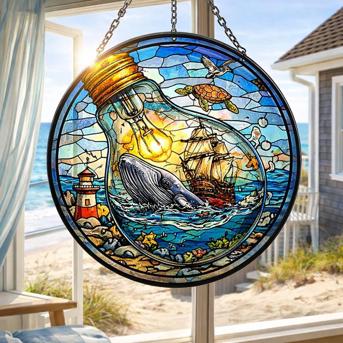 Beach House Glass Suncatcher v3, Ocean Wave Window Hanging, Summer ...