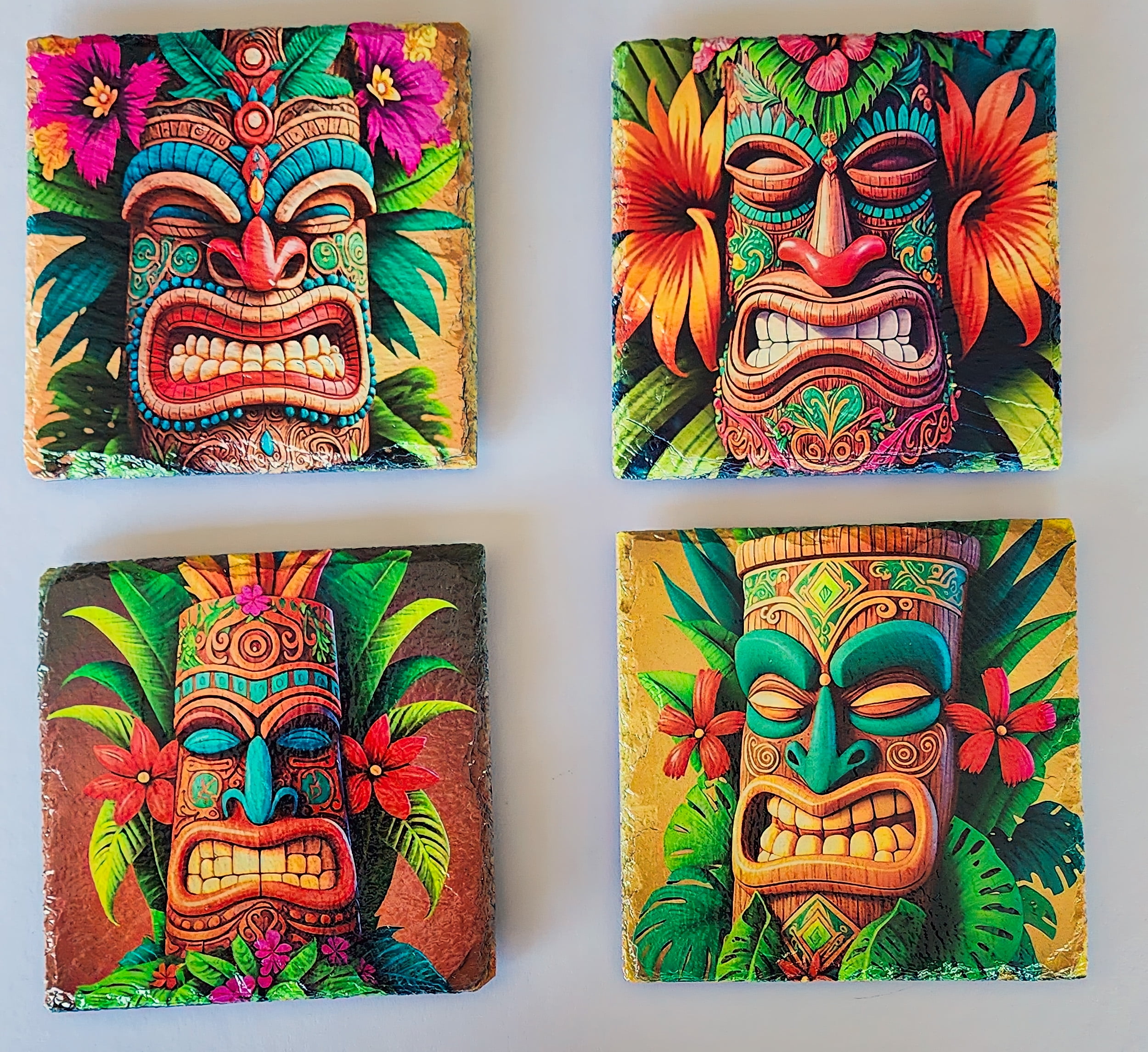Beach Hut Décor Coasters, Slate, Hawaiian Tiki Bar Design, 4x4 Inch, 4 ...