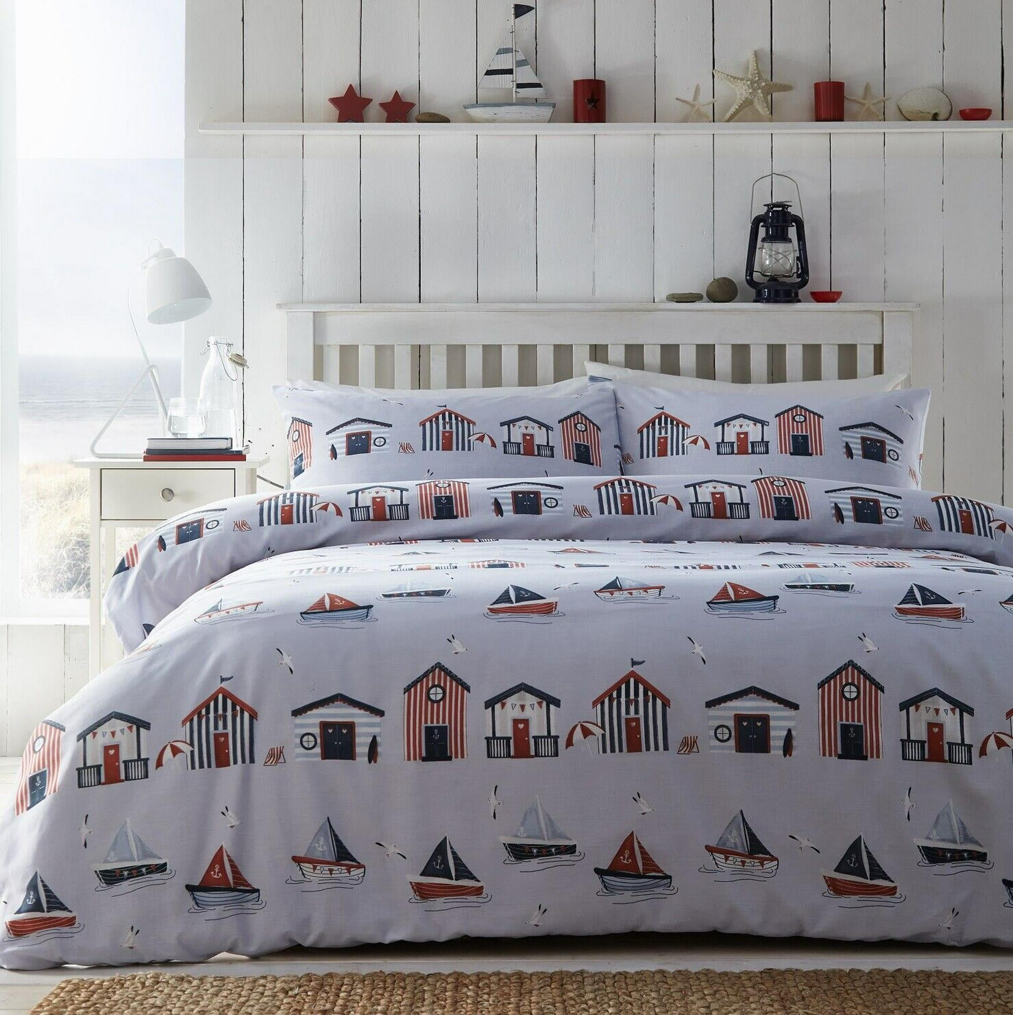 Beach Huts Duvet Cover Sail Boats Quilt Bedding Set Double Grey ...