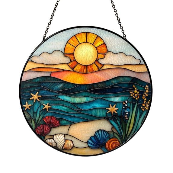 Beach Inspired Ocean Sunset Stained Glass Window Hanging Suncatcher ...