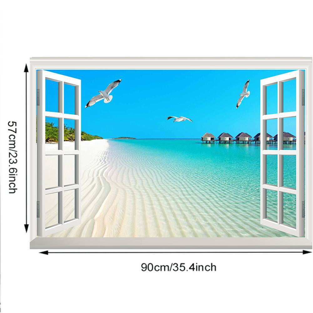 Beach Island 3D Fake Window Landscape Wall Sticker Living Room Bedroom ...