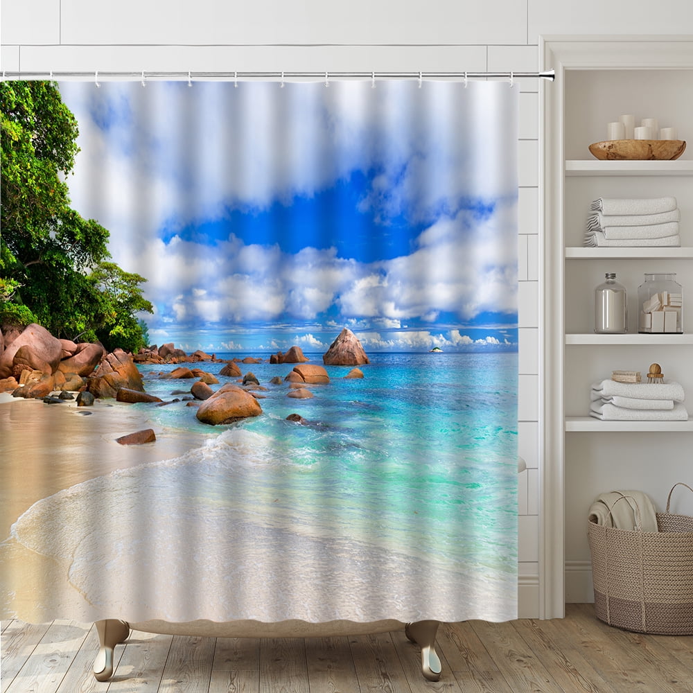 Beach Island Summer Bathroom Set Shower Curtain Rug Accessories Sand ...