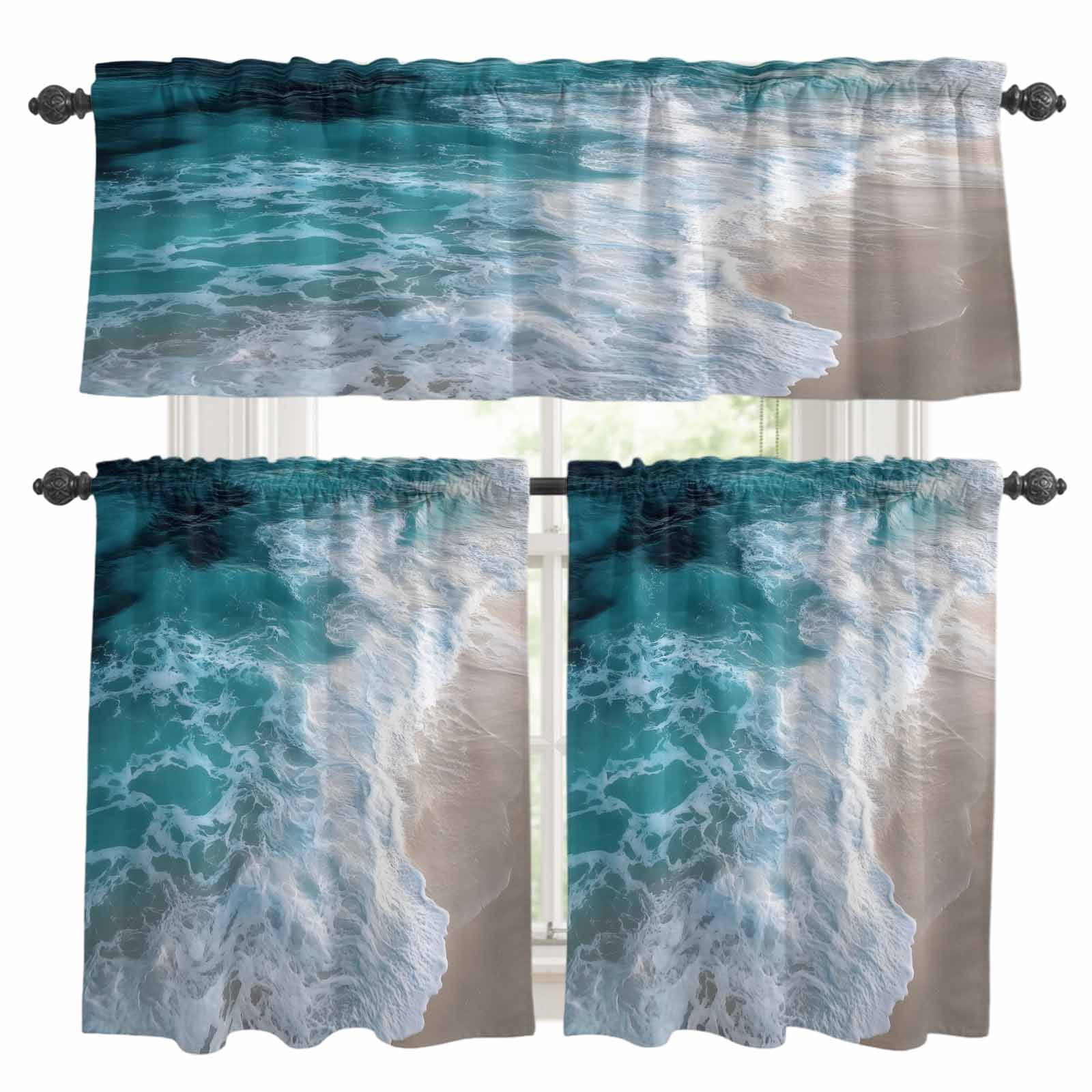 Beach Kitchen Curtains Set for Windows, Ocean Scenery Curtains Valance ...