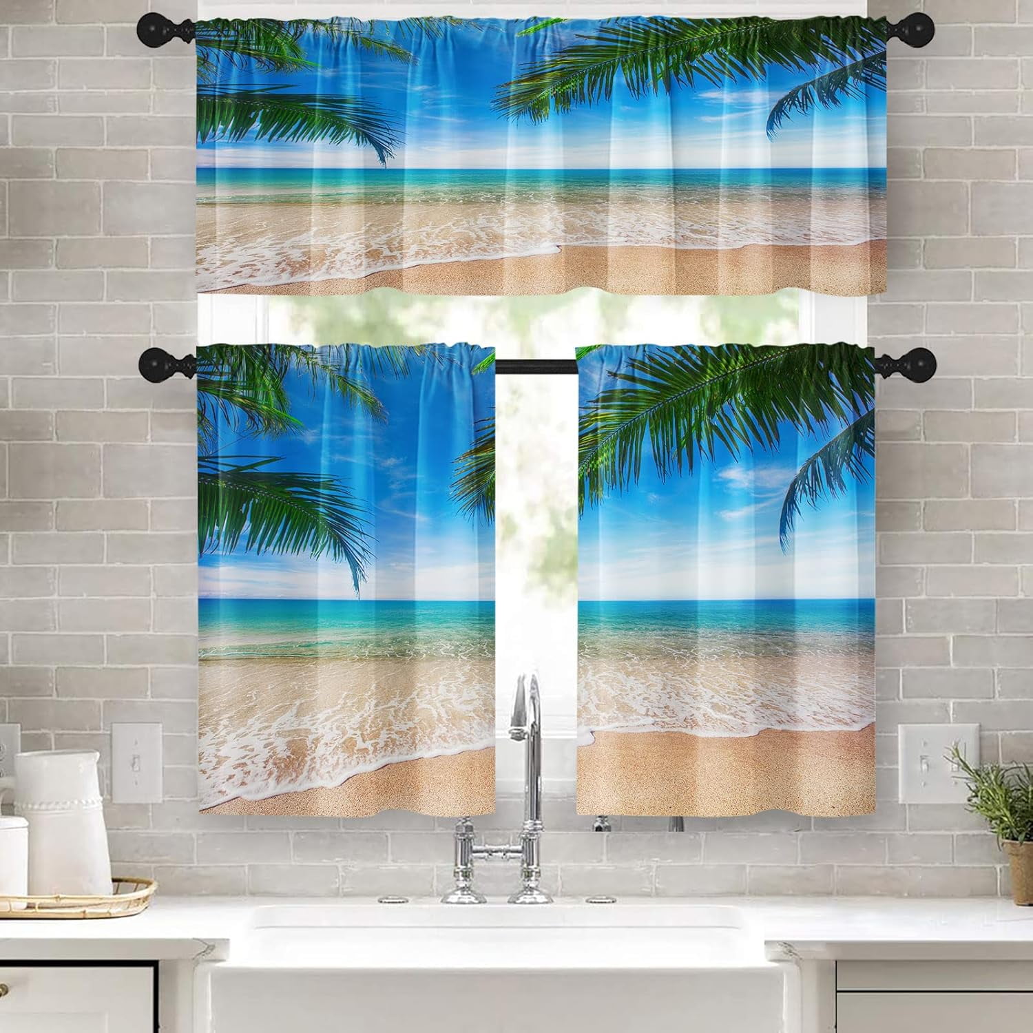 Beach Kitchen Curtains Tropical Palm Window Curtains and Valances Set ...