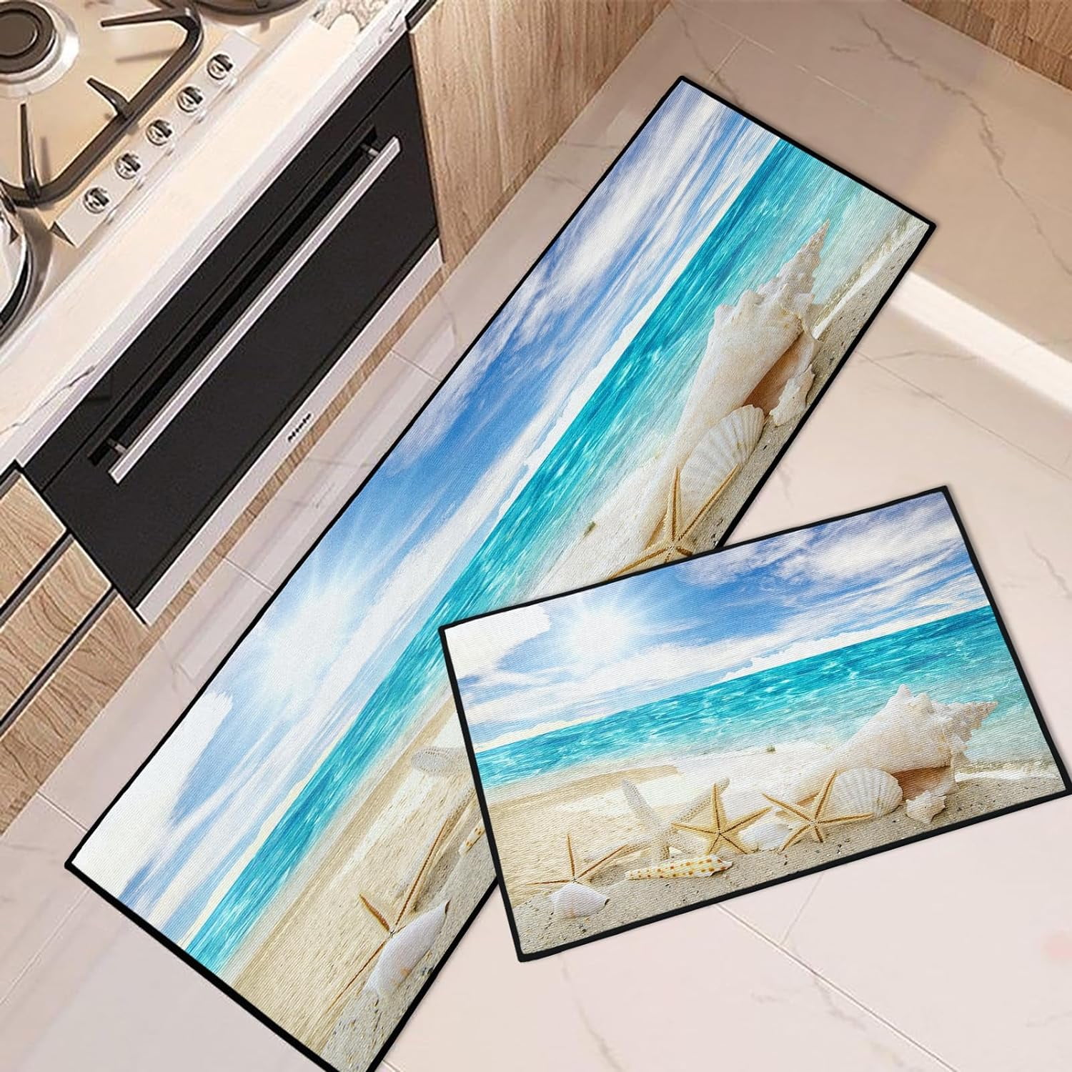 Beach Kitchen Rugs and Mats Non Skid Washable Set of 2, Wonderful ...