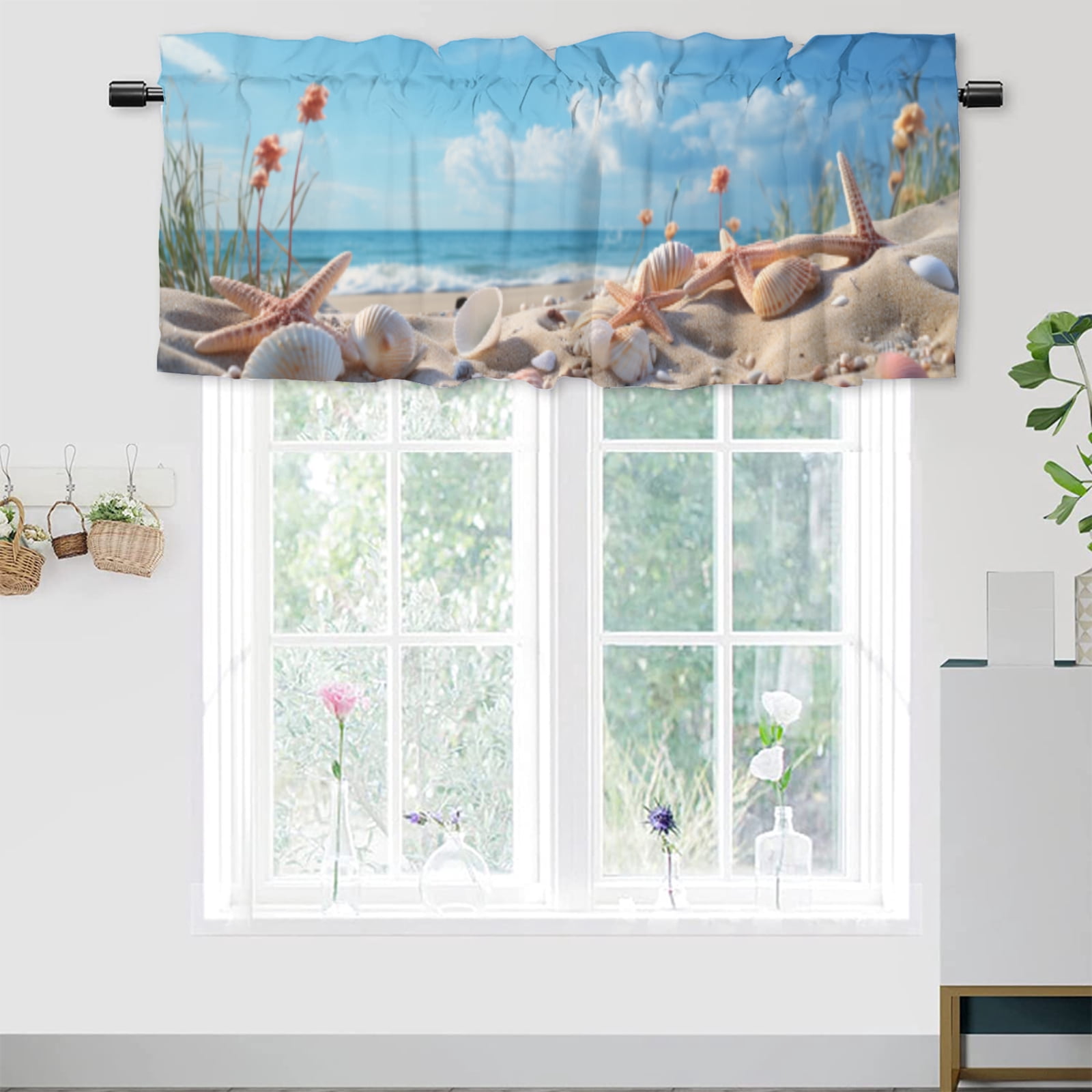 Beach Kitchen Window Curtain Valance Ocean Seaside Seashells Starfish ...
