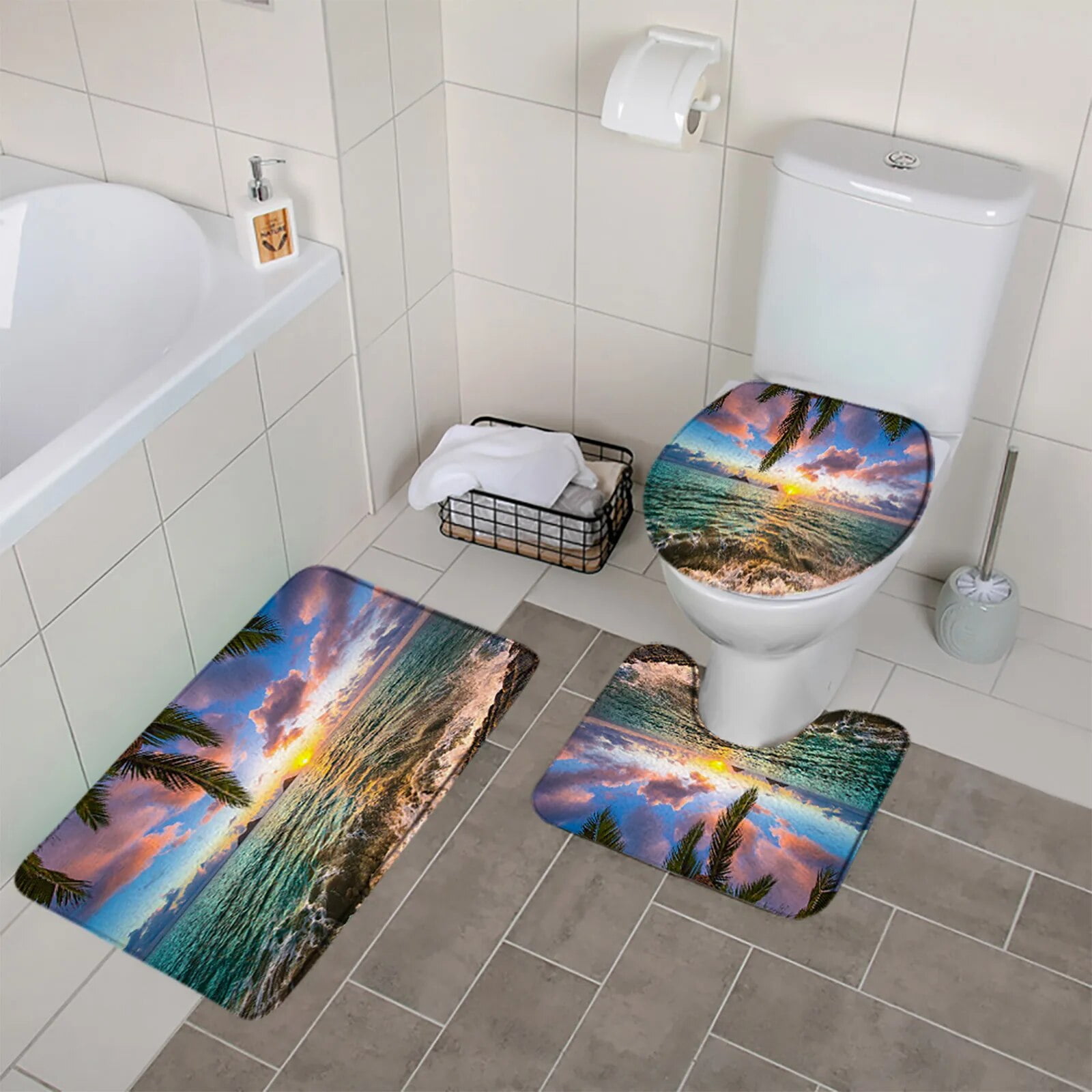 Beach Landscape Bath Mat Set Tropical Palm Trees Ocean Scenery Bath ...