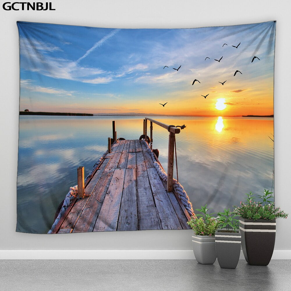 Beach Landscape Big Tapestry Sea Sailing Dolphin Green Palm Tree Hippie ...