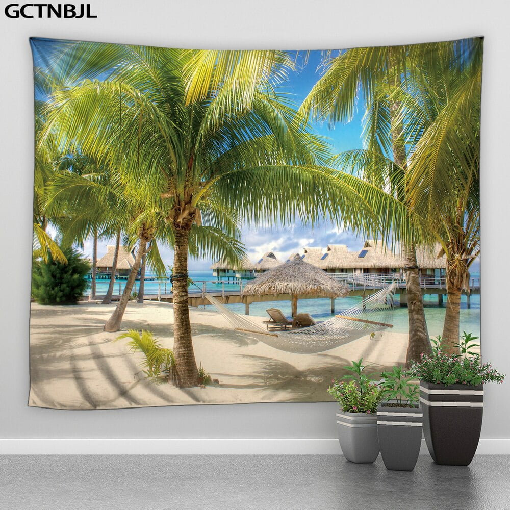 Beach Landscape Big Tapestry Sea Sailing Dolphin Green Palm Tree Hippie ...