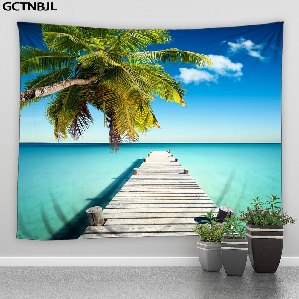 Beach Landscape Big Tapestry Sea Sailing Dolphin Green Palm Tree Hippie ...