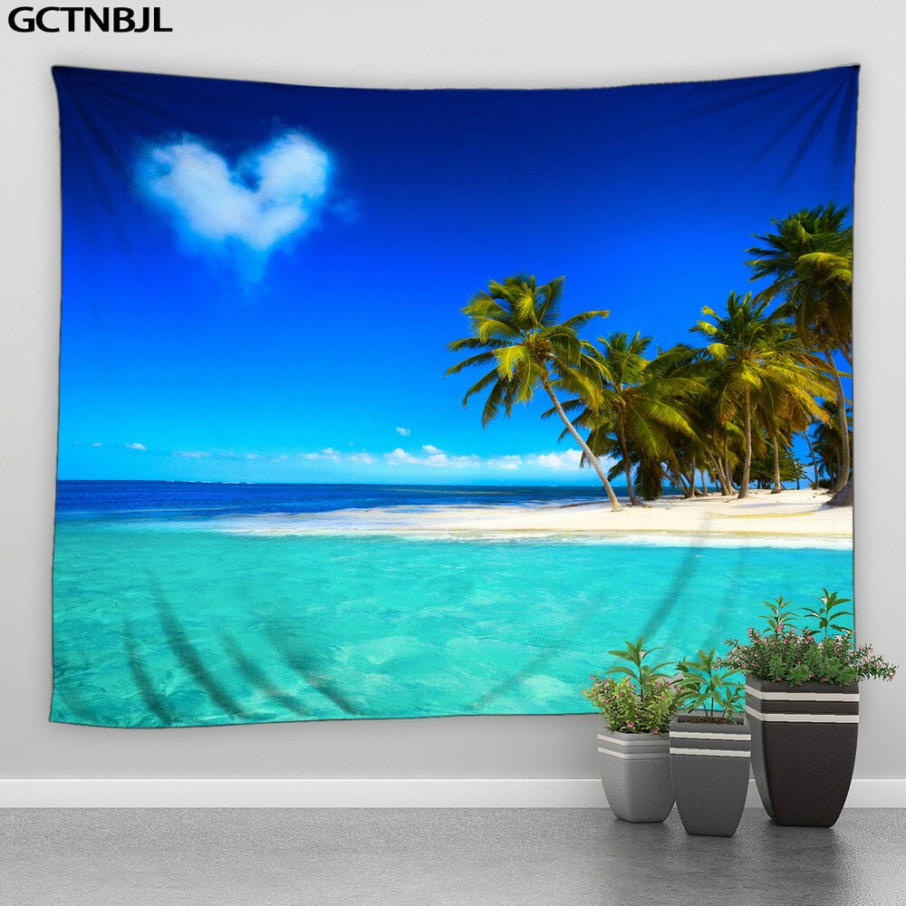 Beach Landscape Big Tapestry Sea Sailing Dolphin Green Palm Tree Hippie ...