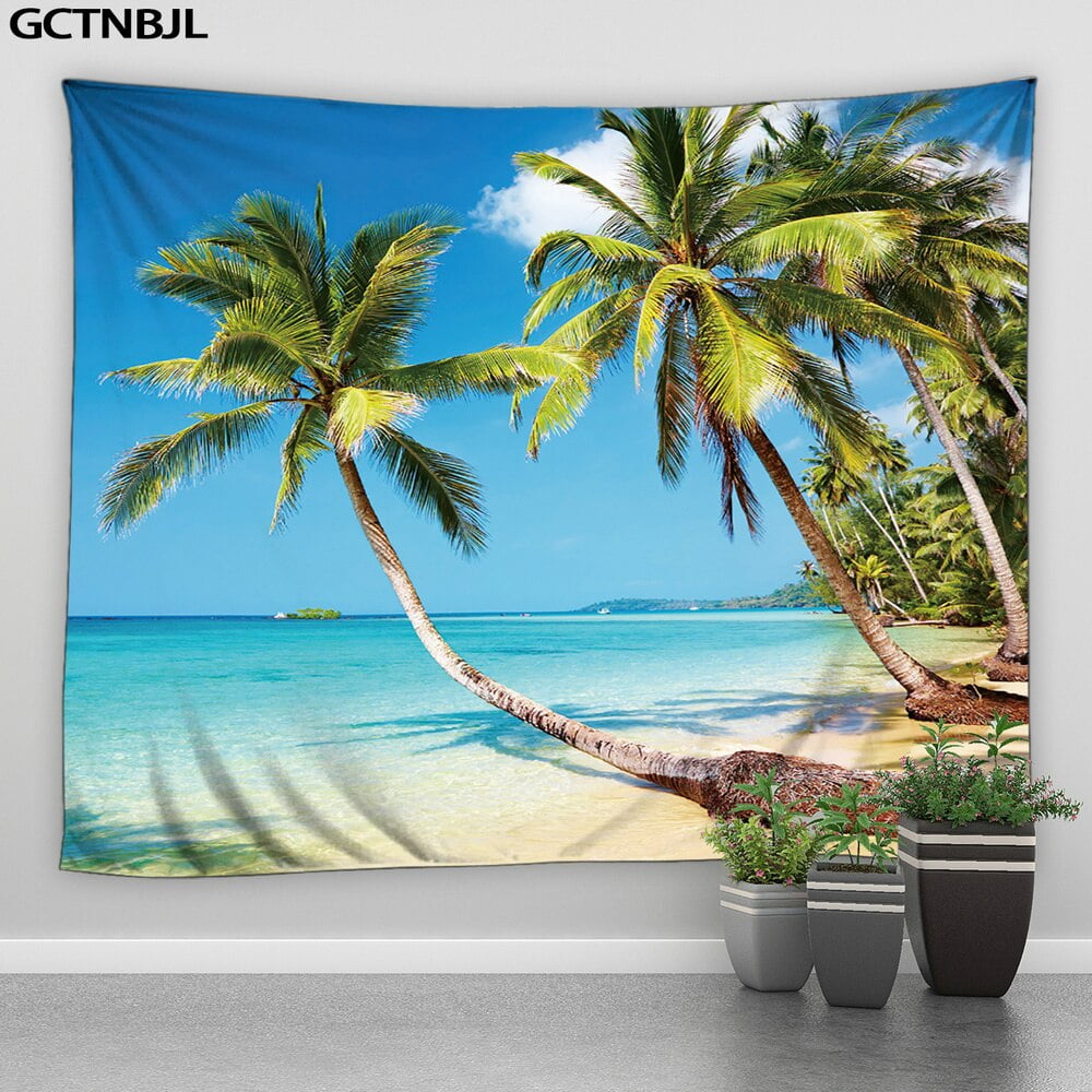 Beach Landscape Big Tapestry Sea Sailing Dolphin Green Palm Tree Hippie ...