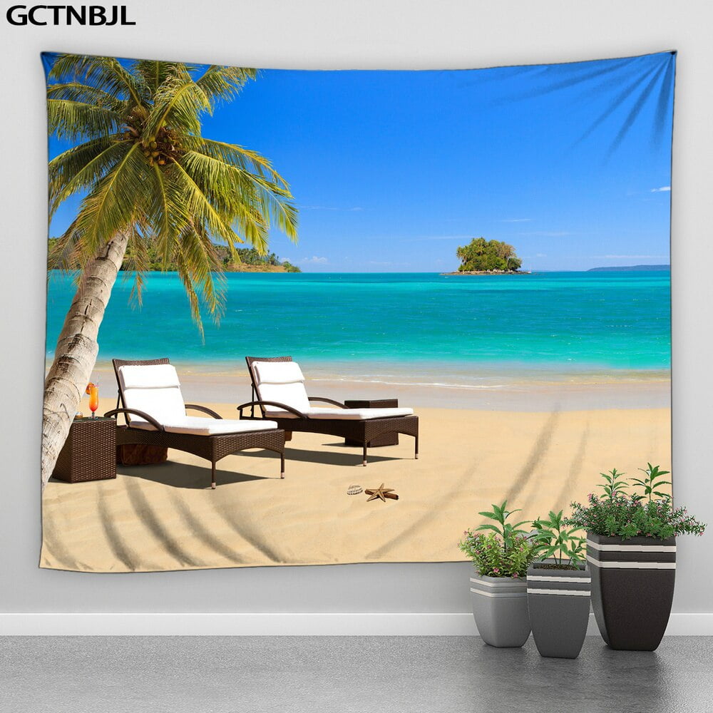 Beach Landscape Big Tapestry Sea Sailing Dolphin Green Palm Tree Hippie ...