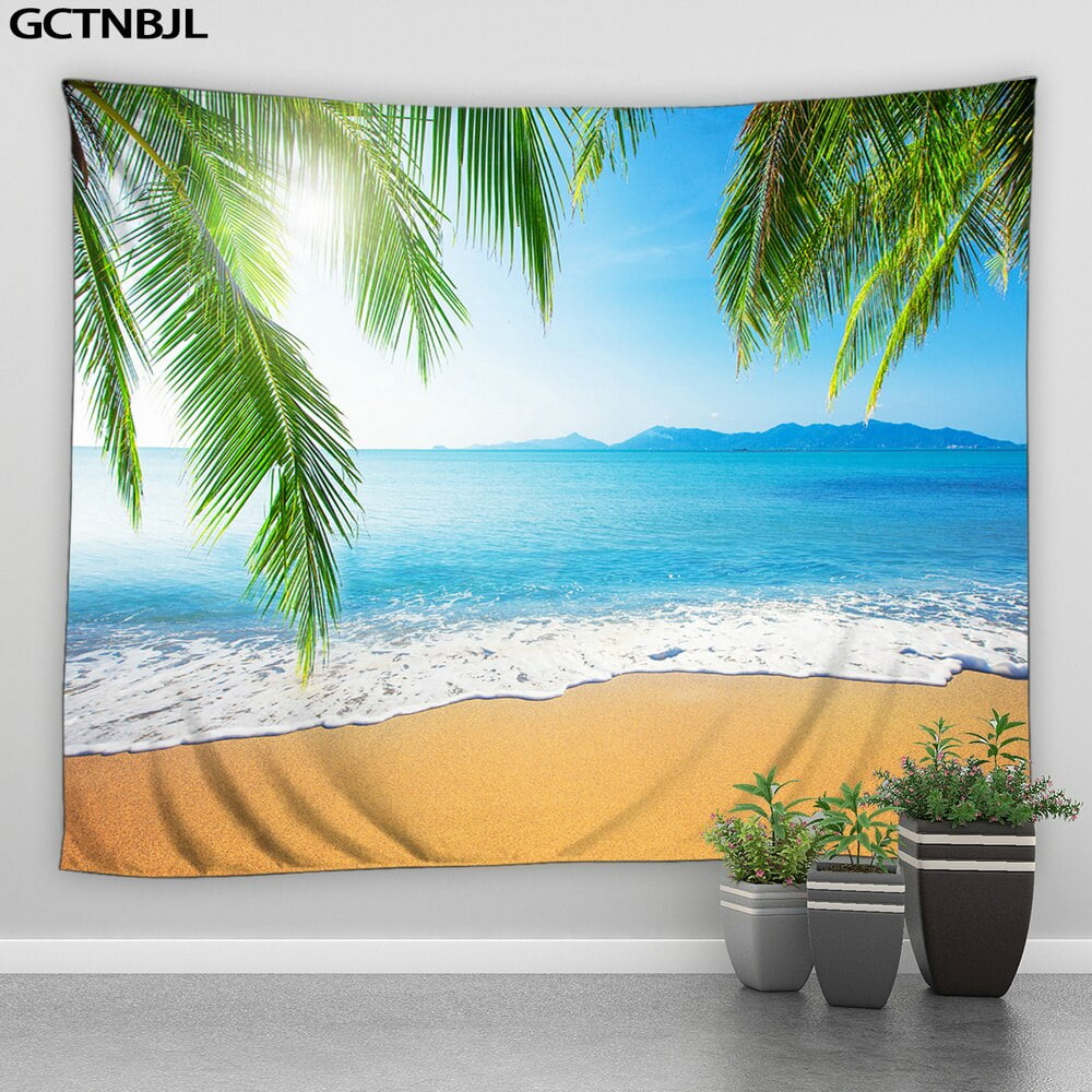 Beach Landscape Big Tapestry Sea Sailing Dolphin Green Palm Tree Hippie ...