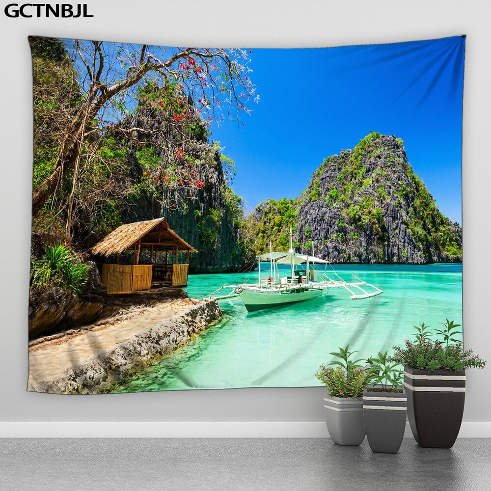 Beach Landscape Big Tapestry Sea Sailing Dolphin Green Palm Tree Hippie ...