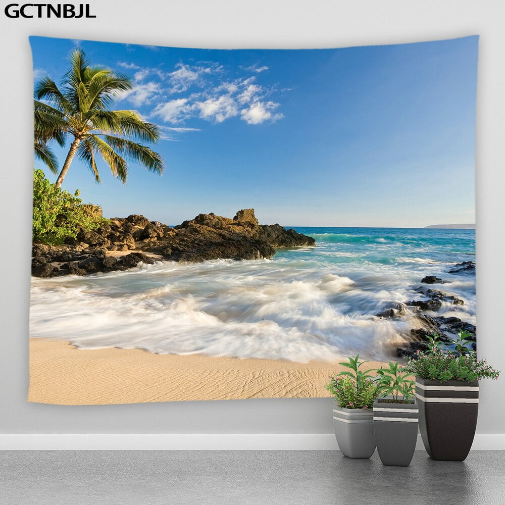 Beach Landscape Big Tapestry Sea Sailing Dolphin Green Palm Tree Hippie ...