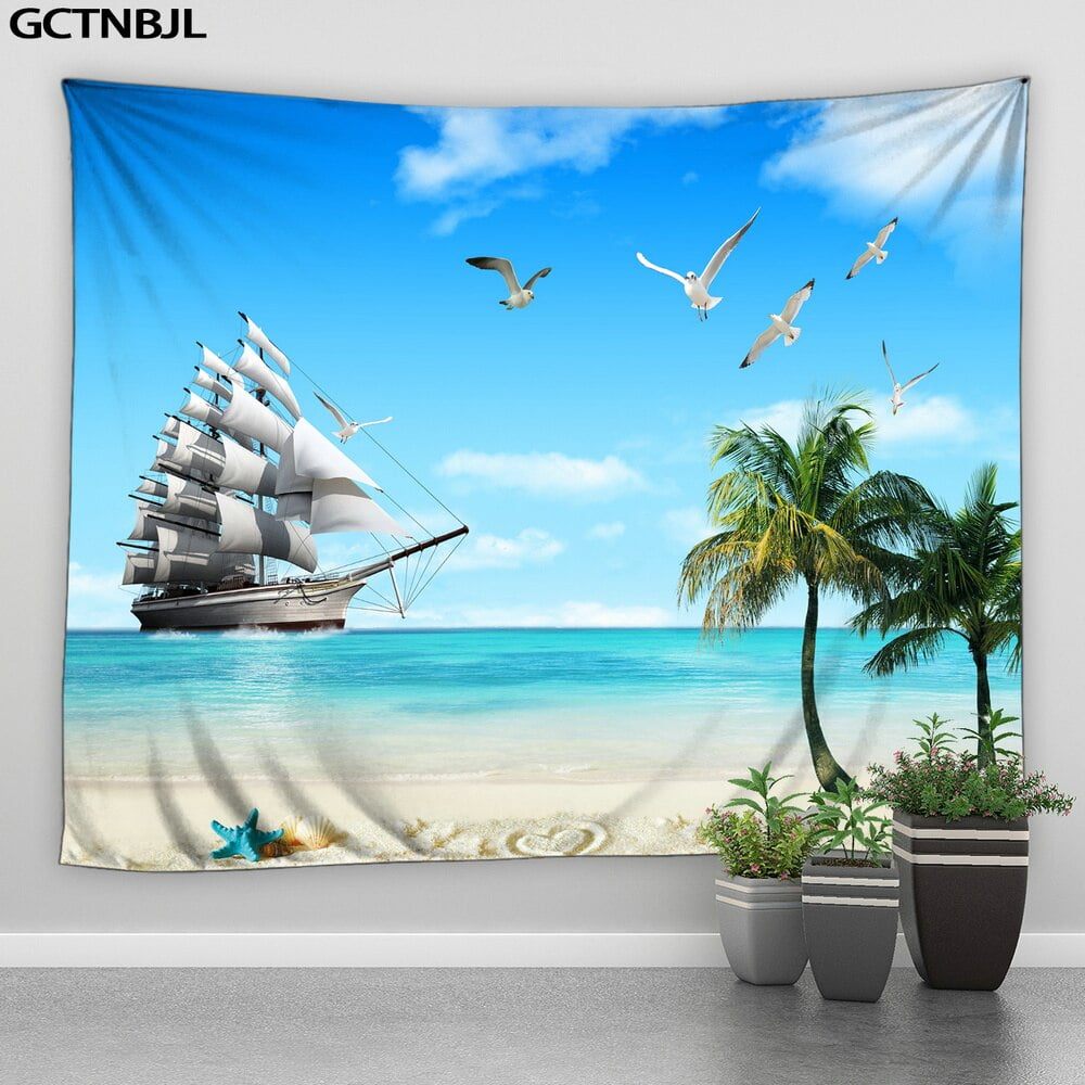 Beach Landscape Big Tapestry Sea Sailing Dolphin Green Palm Tree Hippie ...