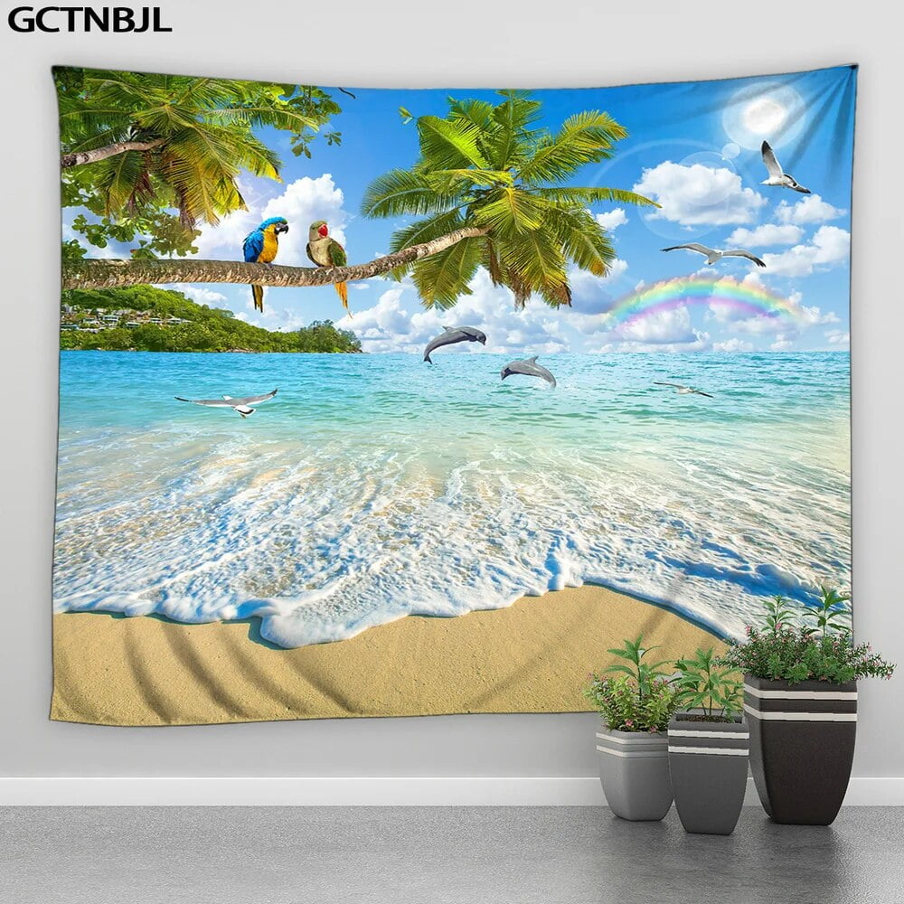Beach Landscape Big Tapestry Sea Sailing Dolphin Green Palm Tree Hippie ...
