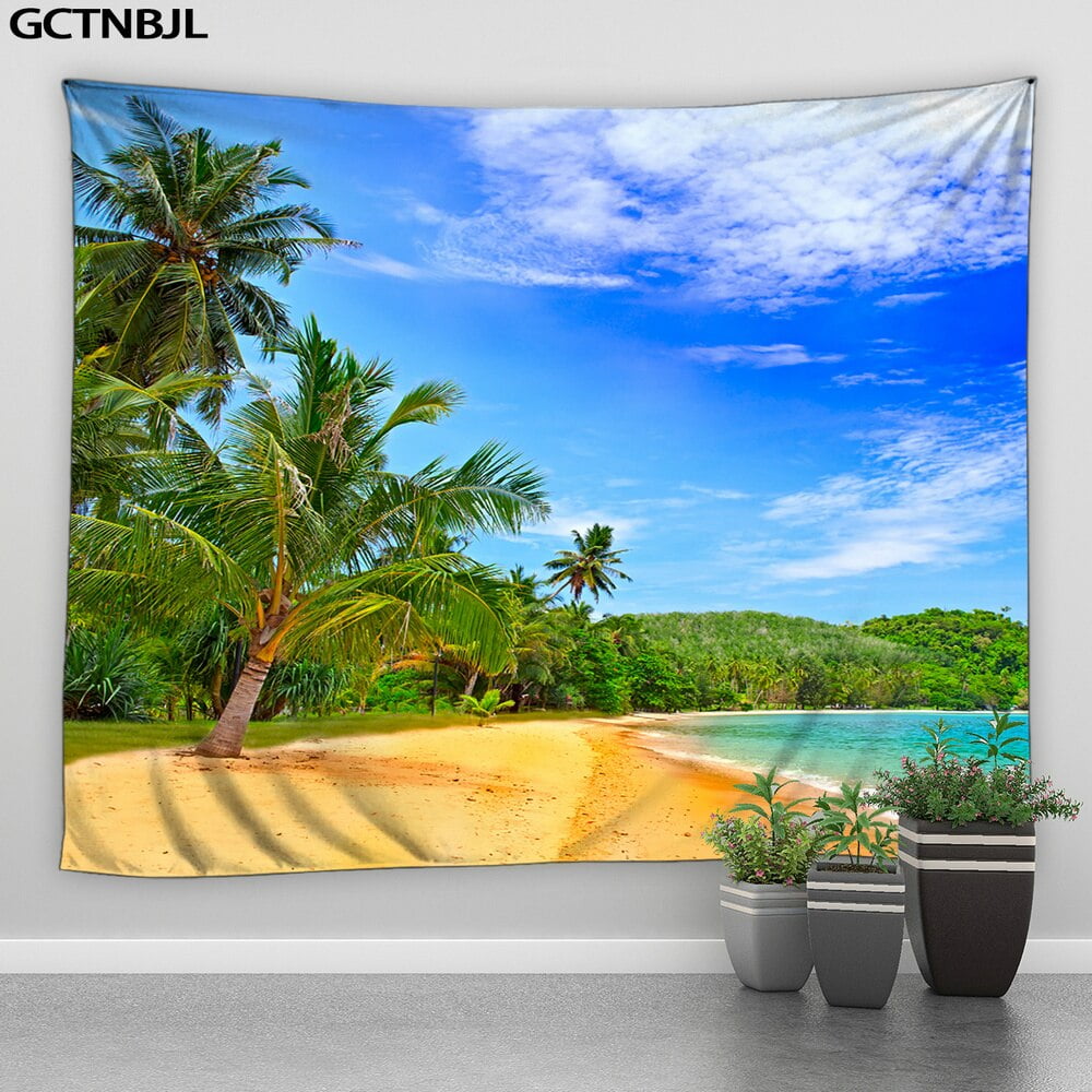 Beach Landscape Big Tapestry Sea Sailing Dolphin Green Palm Tree Hippie ...