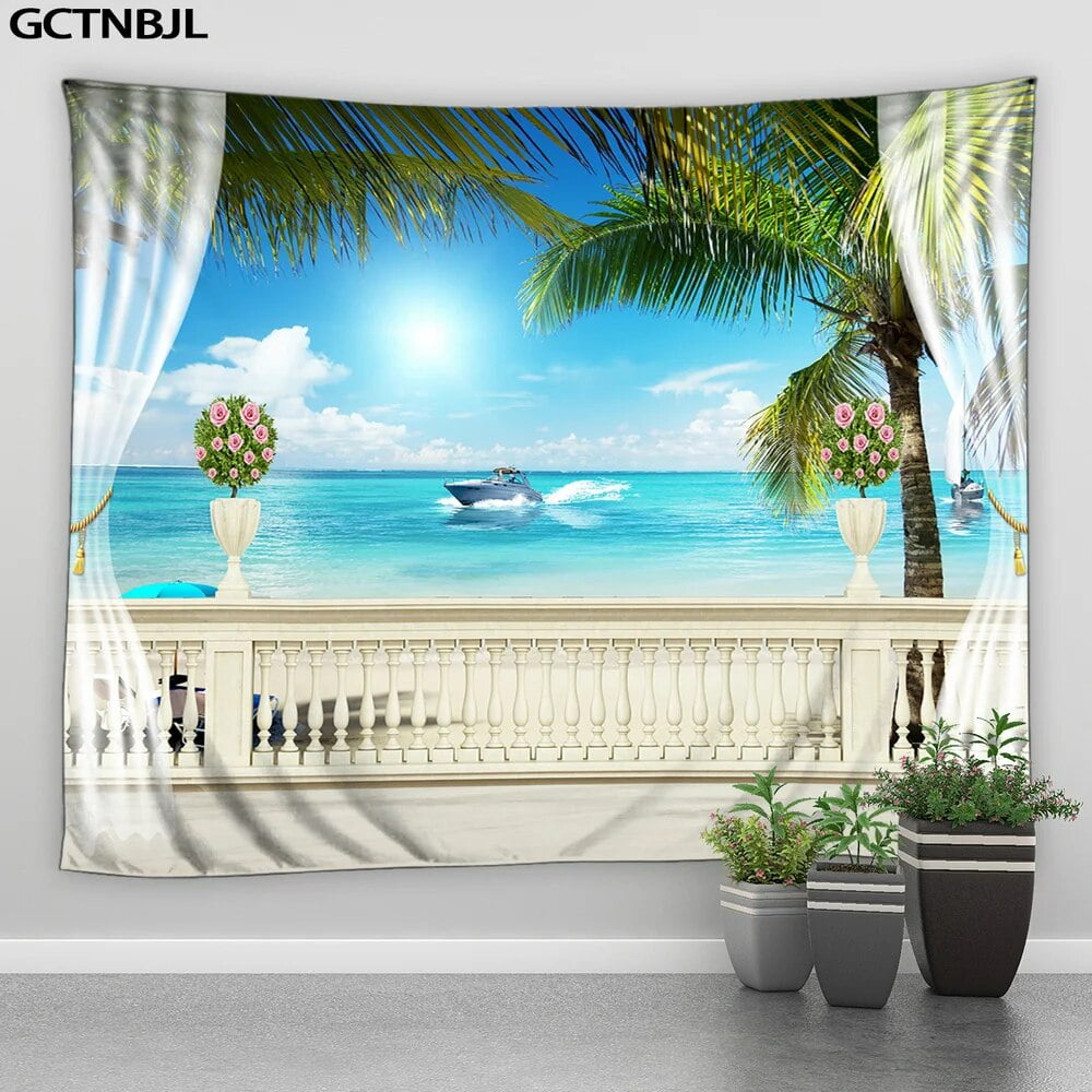 Beach Landscape Big Tapestry Sea Sailing Dolphin Green Palm Tree Hippie ...